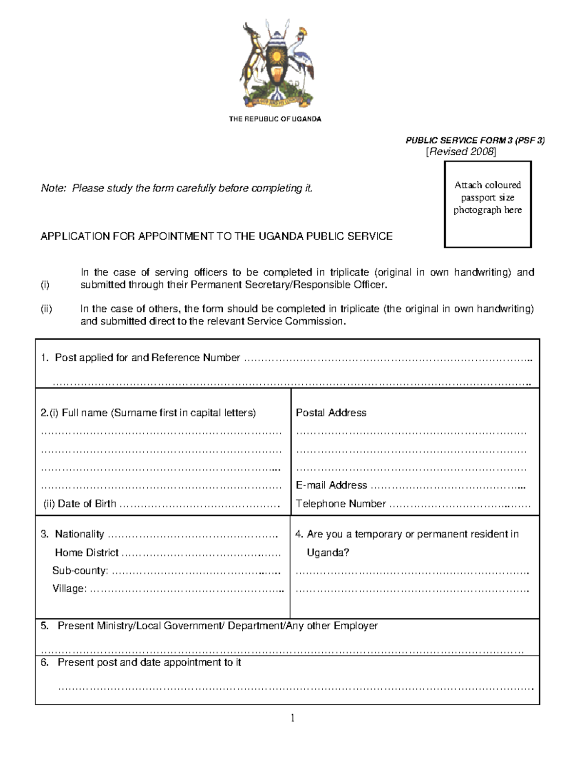 PSC FORM 3 - THE REPUBLIC OF UGANDA PUBLIC SERVICE FORM 3 (PSF 3 ...