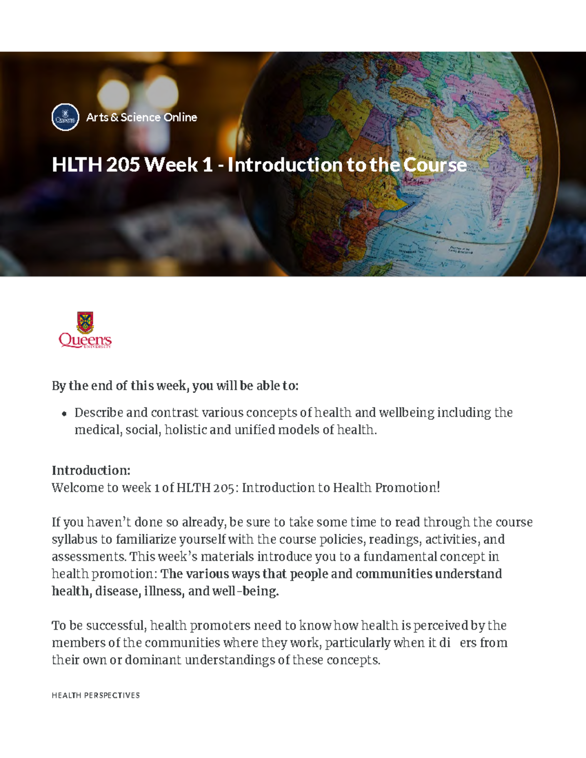 Hlth 205 week 1 introduction to the course - Arts & Science Online HLTH ...