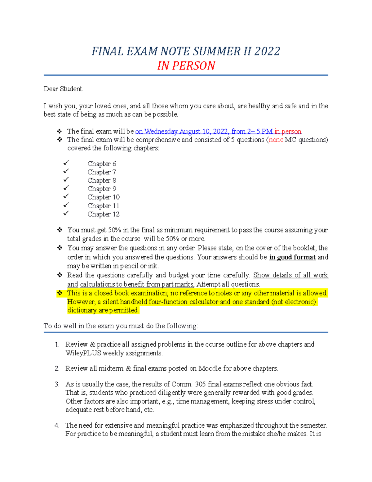 Final EXAM NOTE August 10 2-5 PM - FINAL EXAM NOTE SUMMER II 2022 IN ...