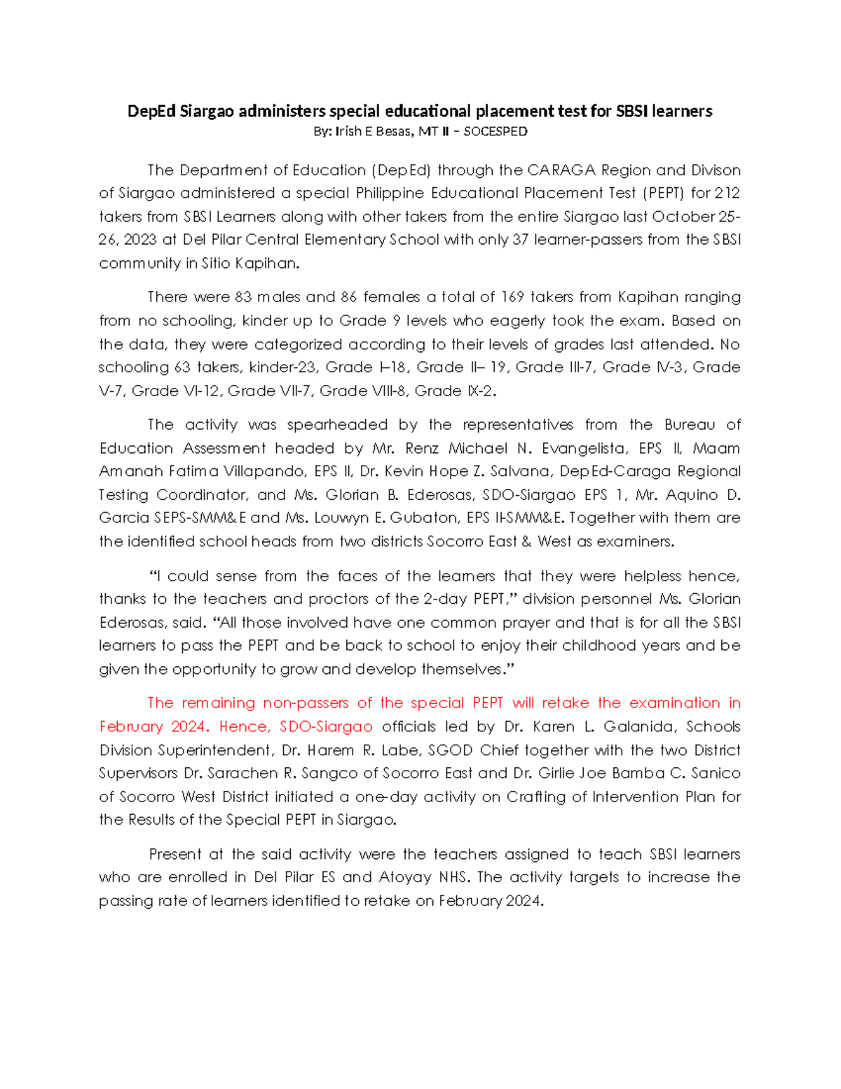 PEPT-passers 2 - Result of the Philippine Educational Placement Test ...