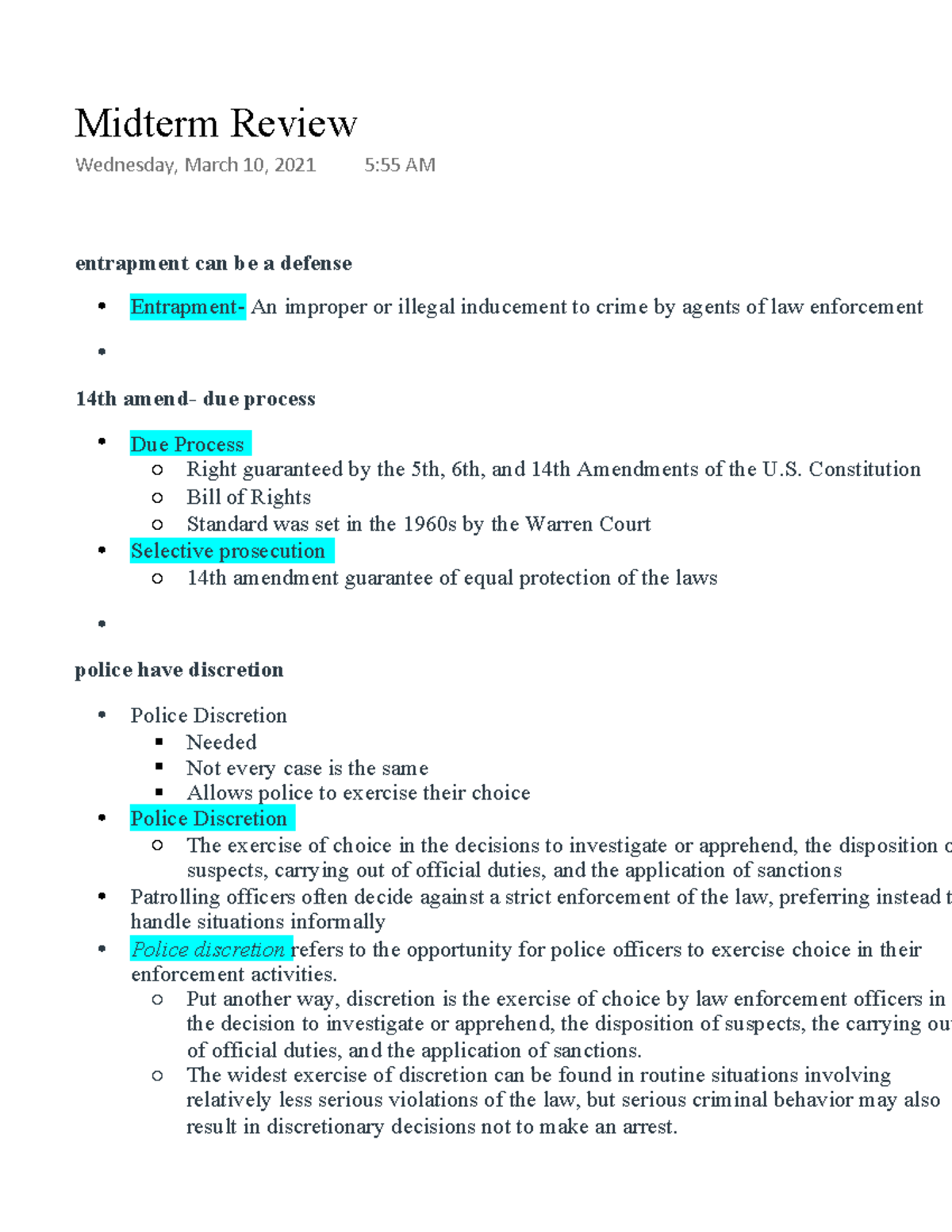 Midterm Review - entrapment can be a defense Entrapment- An improper or ...