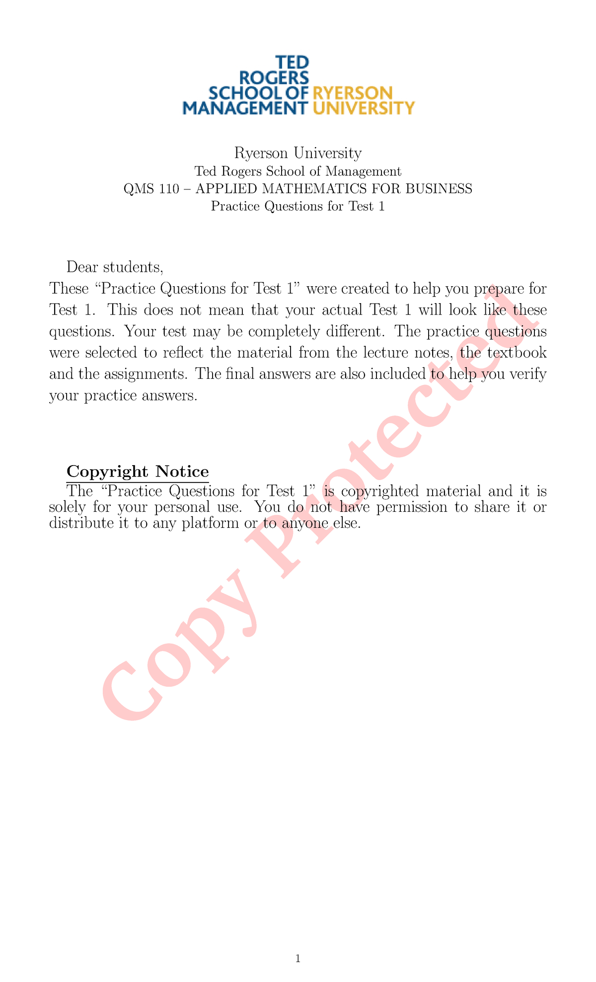 Practice Question for Test 1 with answers - Copy Protected Ryerson ...