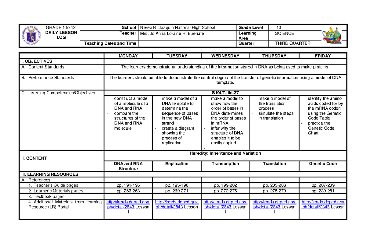 DLL MOD.2 PART 1 3RD QRTR G10 - MONDAY TUESDAY WEDNESDAY THURSDAY ...