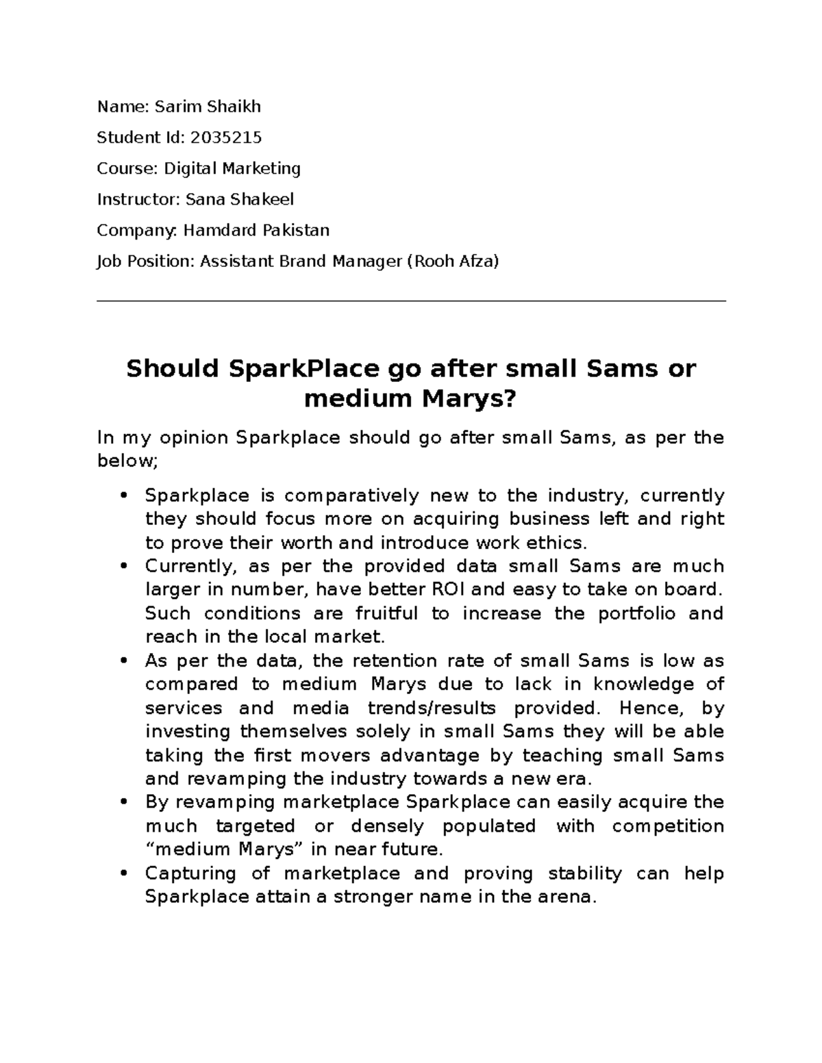 Sarim Shaikh 2035215 Digital Marketing - Name: Sarim Shaikh Student Id: 2035215 Course: Digital ...