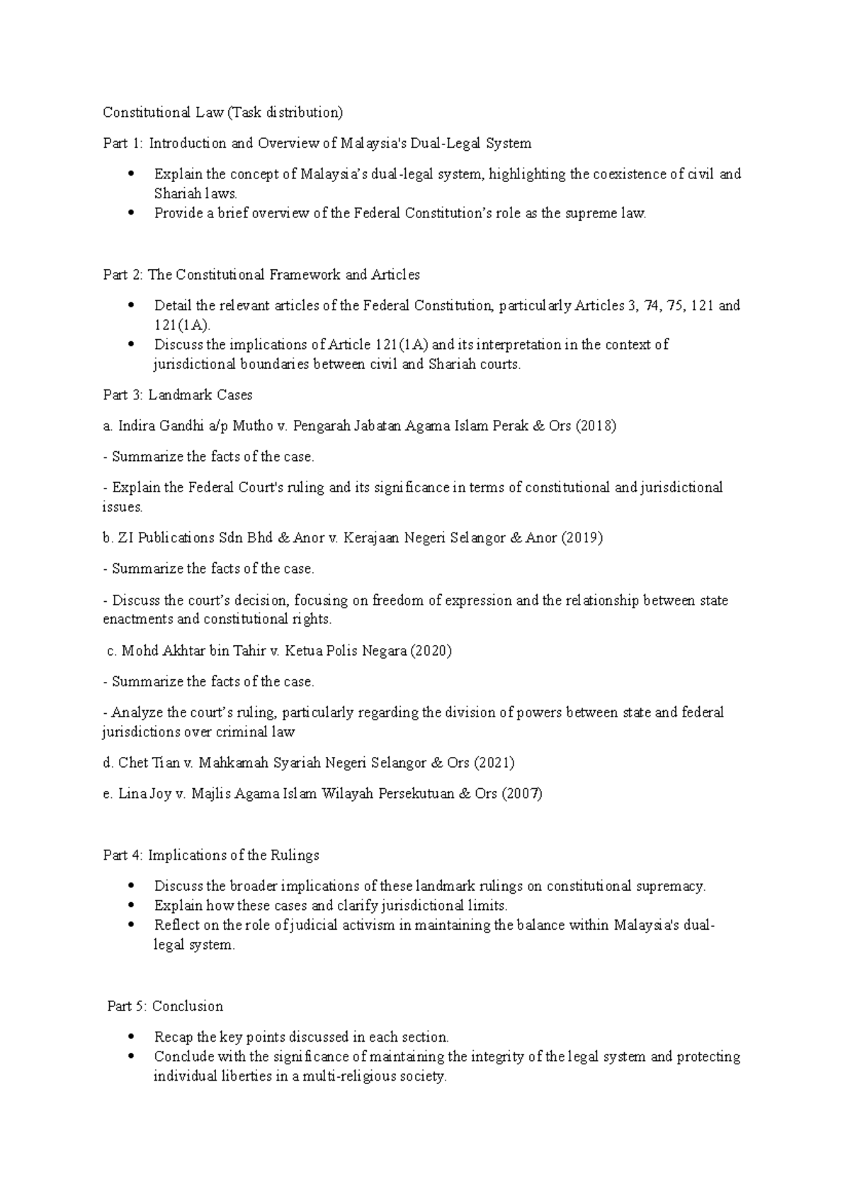 Consti Assignment - Constitutional Law (Task distribution) Part 1: Introduction and Overview of ...