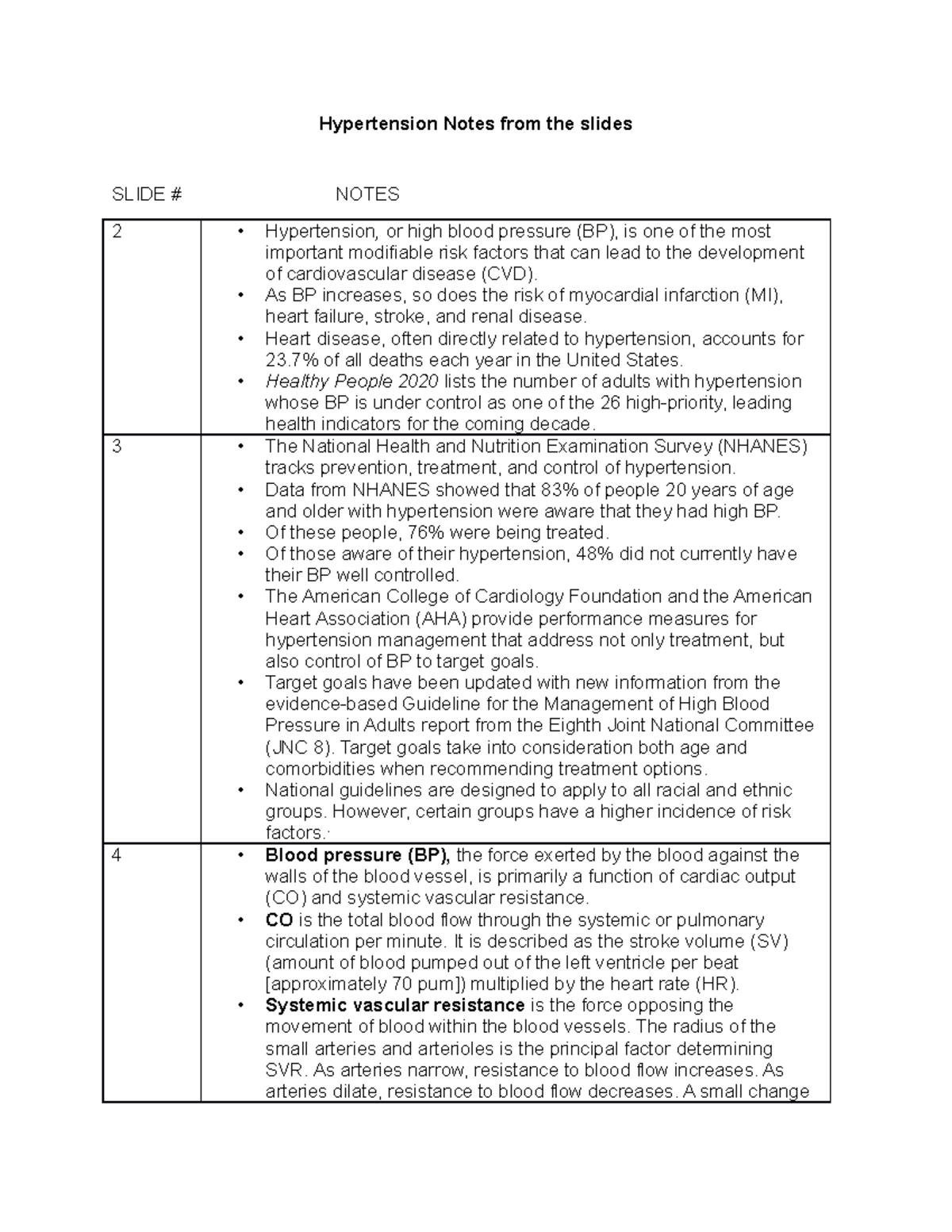 Hypertension Notes from the slides - As BP increases, so does the risk ...