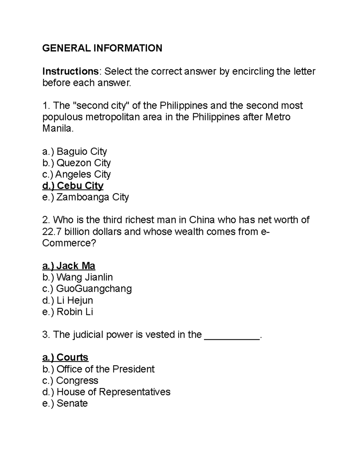 Pdfcoffee - Summary Business Management - GENERAL INFORMATION Instructions: Select the correct ...