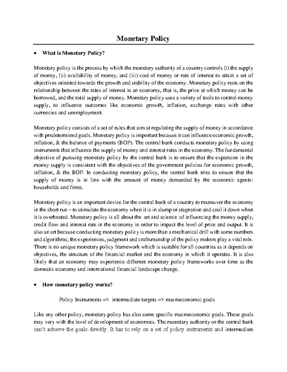 Chapter 06 Monetary Policy (Reading) - Monetary Policy What is Monetary ...