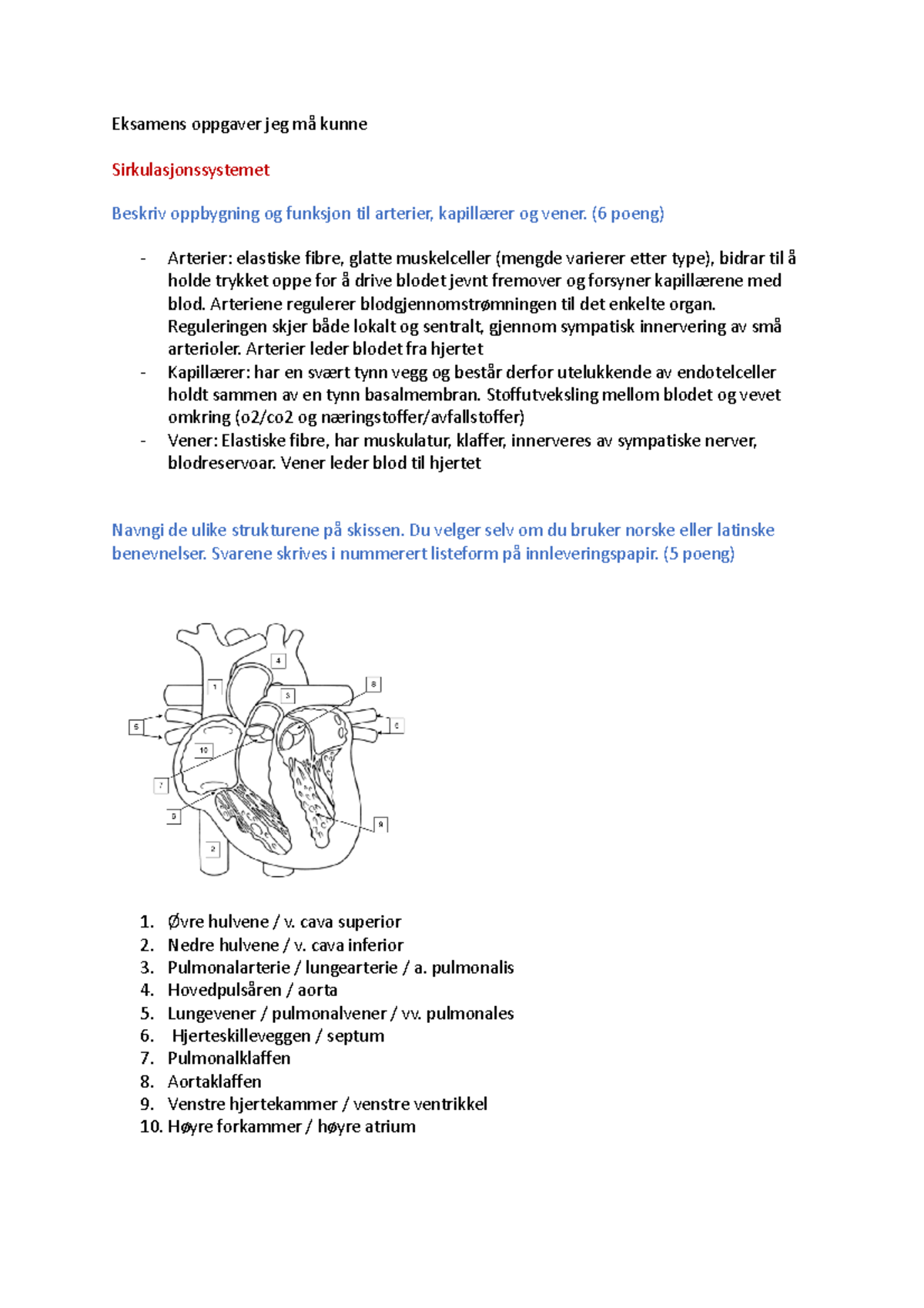 Eksamen Spørsmål - Eksamens oppgaver jeg må kunne Sirkulasjonssystemet Beskriv oppbygning og ...
