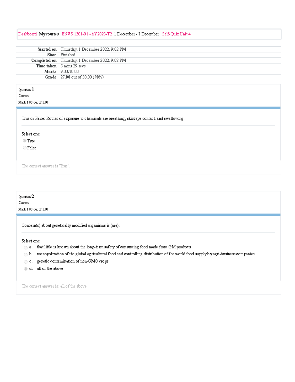 ENVS 1301 Self-Quiz Unit 4 Attempt review - Started on Thursday, 1 December 2022, 9:02 PM State ...