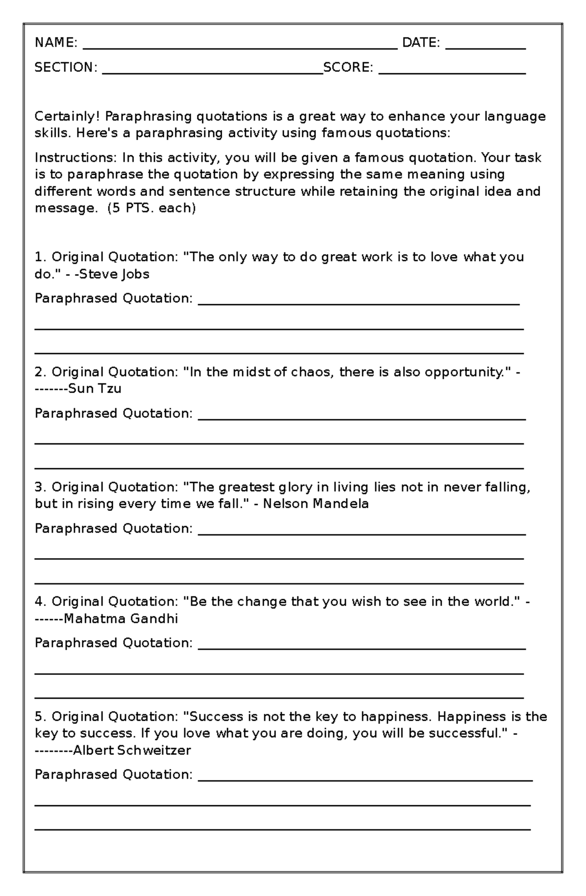 Paraphrasing Worksheet FOR Magalang - NAME