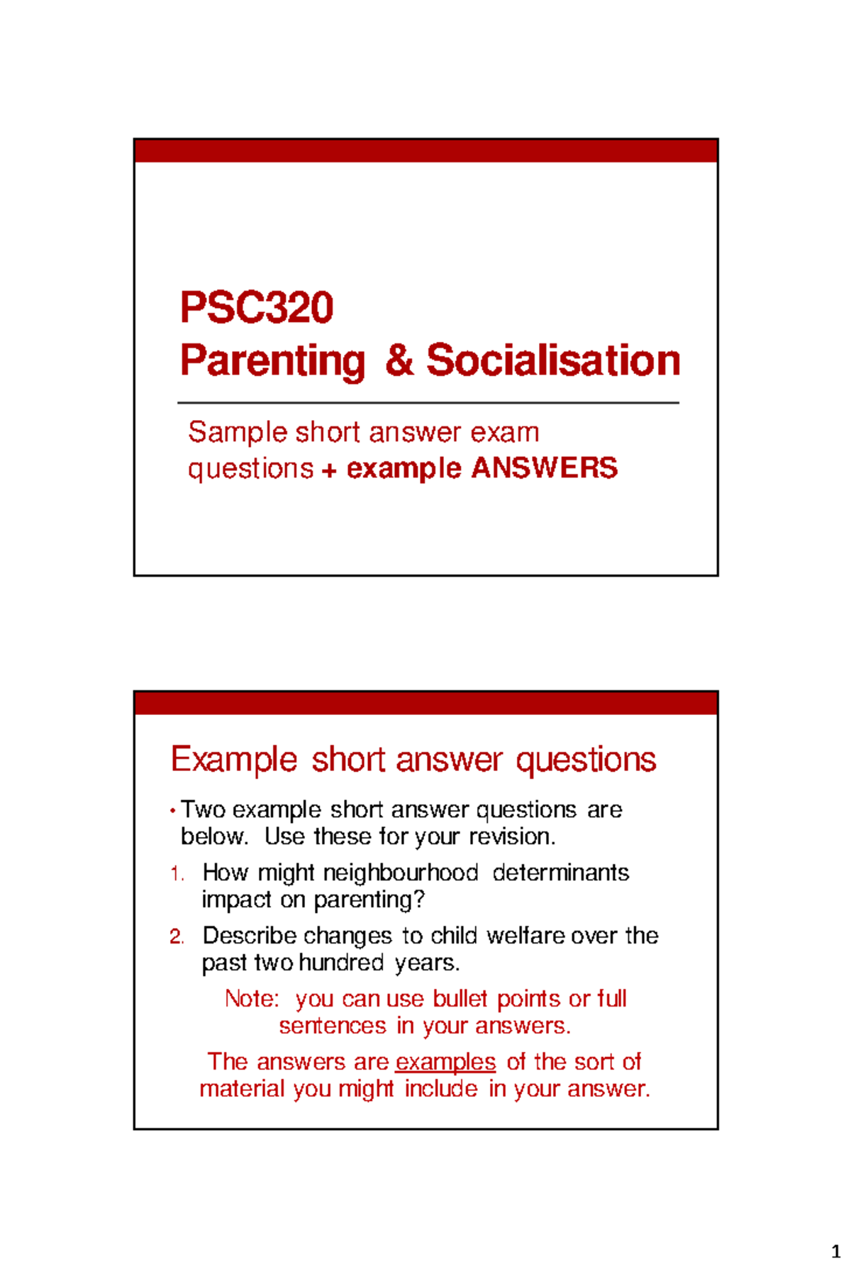 Exam 6 June 2018, answers - PSC320 Parenting Socialisation Sample short ...
