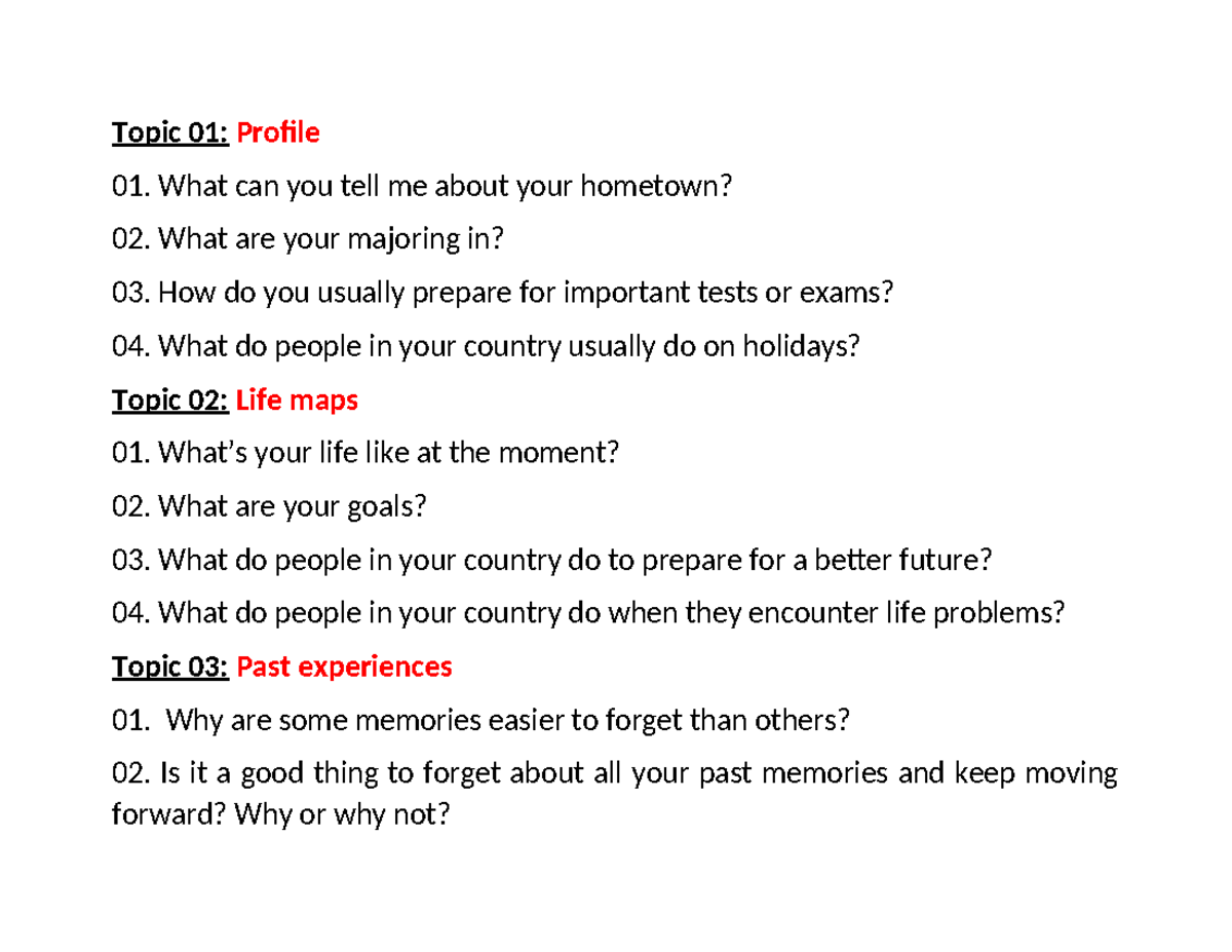 Mid-term - Speaking Topics - Topic 01: Profile 01. What can you tell me ...