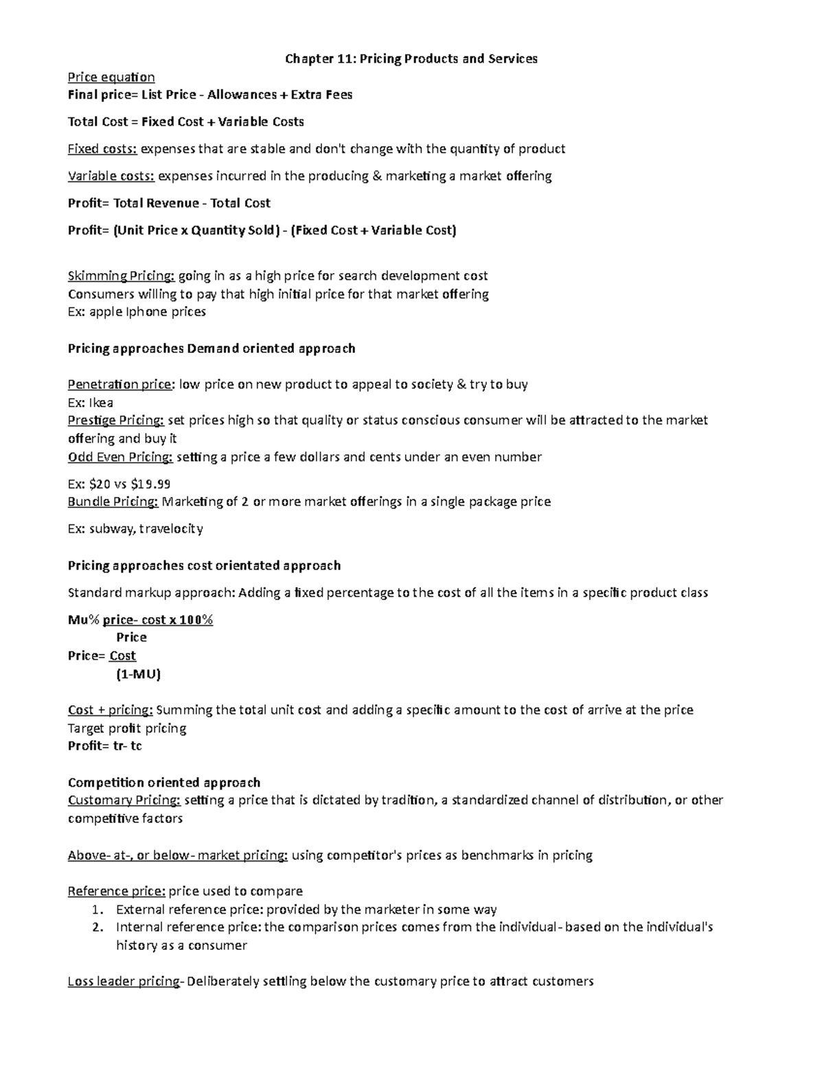 chp 11: Pricing Products and Services - Chapter 11: Pricing Products ...