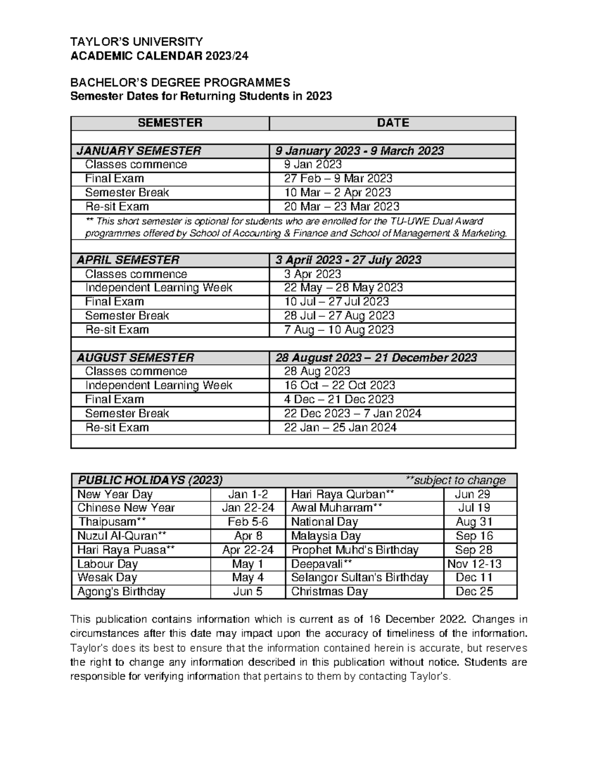 TU Bachelor's Degree Programme (Semester Dates for Returning Students ...