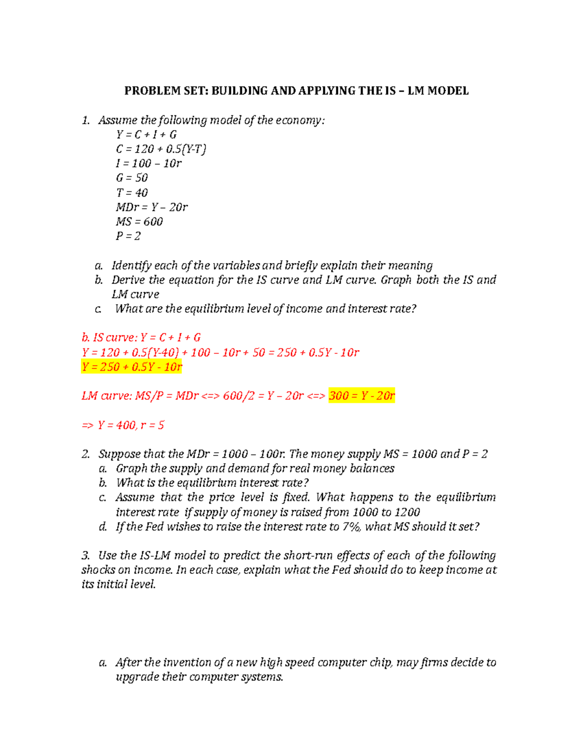 IS - LM - noooooooooooô - PROBLEM SET: BUILDING AND APPLYING THE IS ...