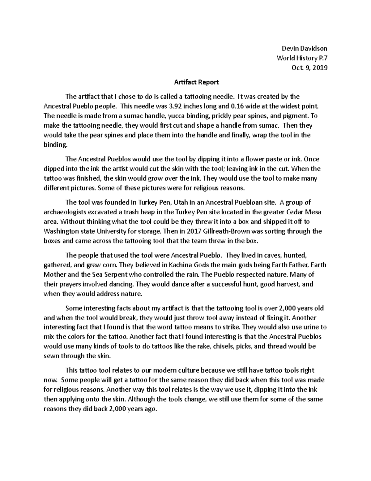 Artifact Report - adsadsadsadsa - Devin Davidson World History P. Oct ...