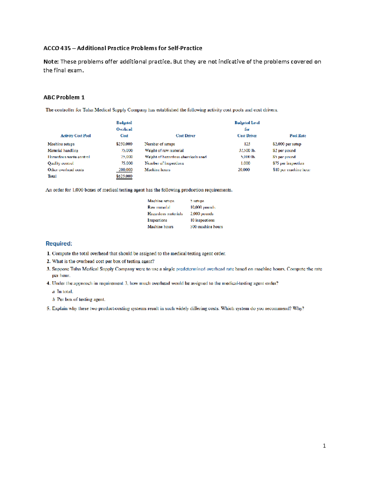 ACCO 435 Additional Practice Problems - ACCO 435 – Additional Practice Problems for Self ...