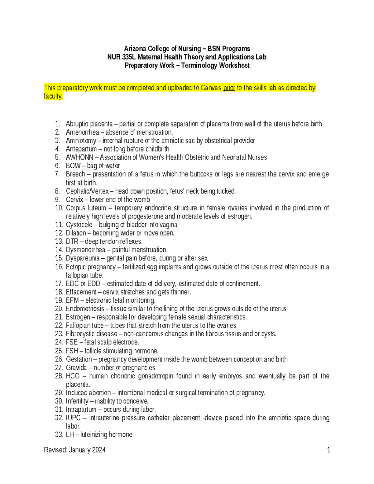 Preparatory Work - Obstetrical Terminology Worksheet - Arizona College ...