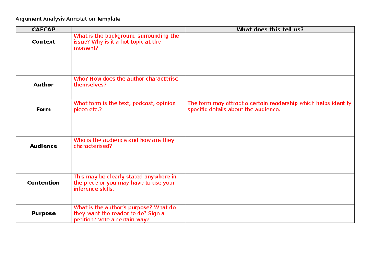 Argument Analysis Annotation Template - ? The form may attract a certain readership which helps ...