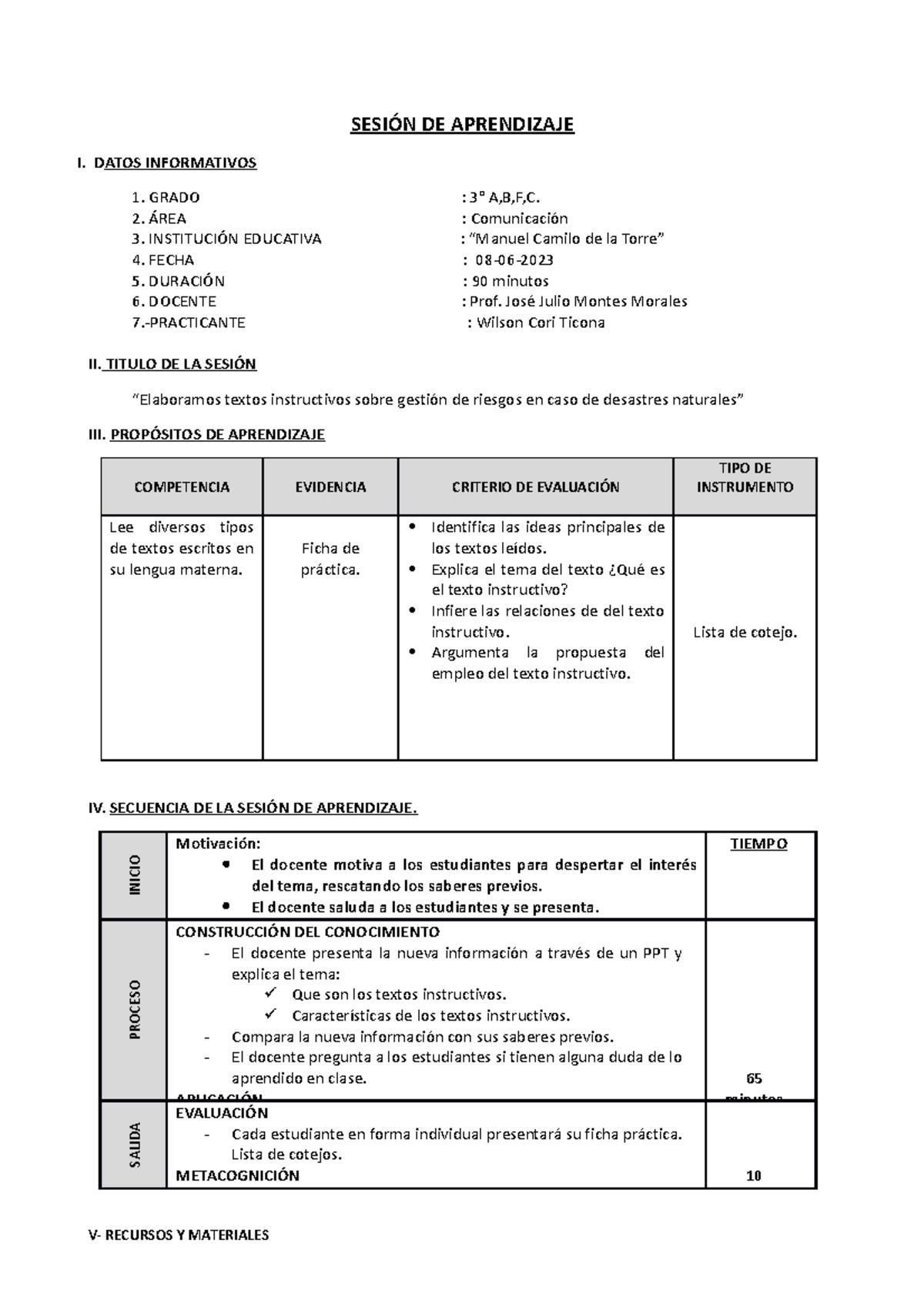 Sesion DE Aprendizaje. - SESIÓN DE APRENDIZAJE I. DATOS INFORMATIVOS 1. GRADO : 3° A,B,F,C. 2 ...