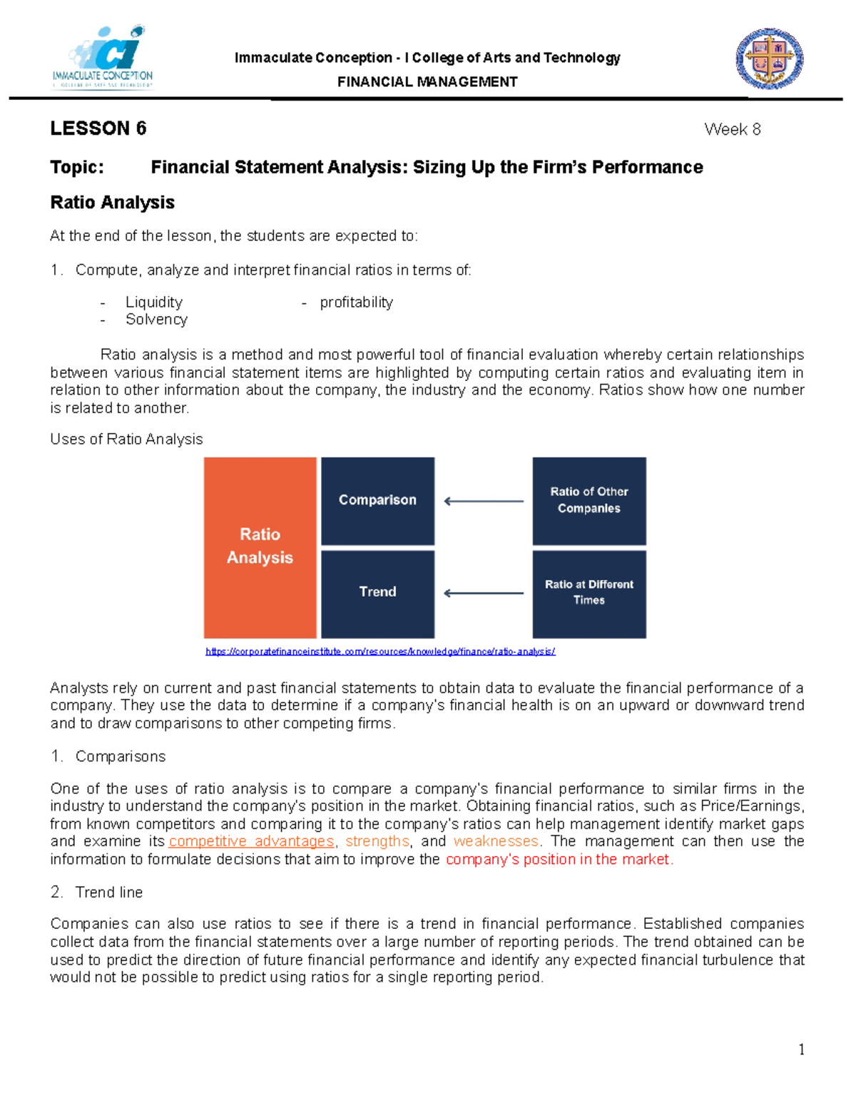 Lesson 6 ratio analysis rev - FINANCIAL MANAGEMENT LESSON 6 Week 8 ...