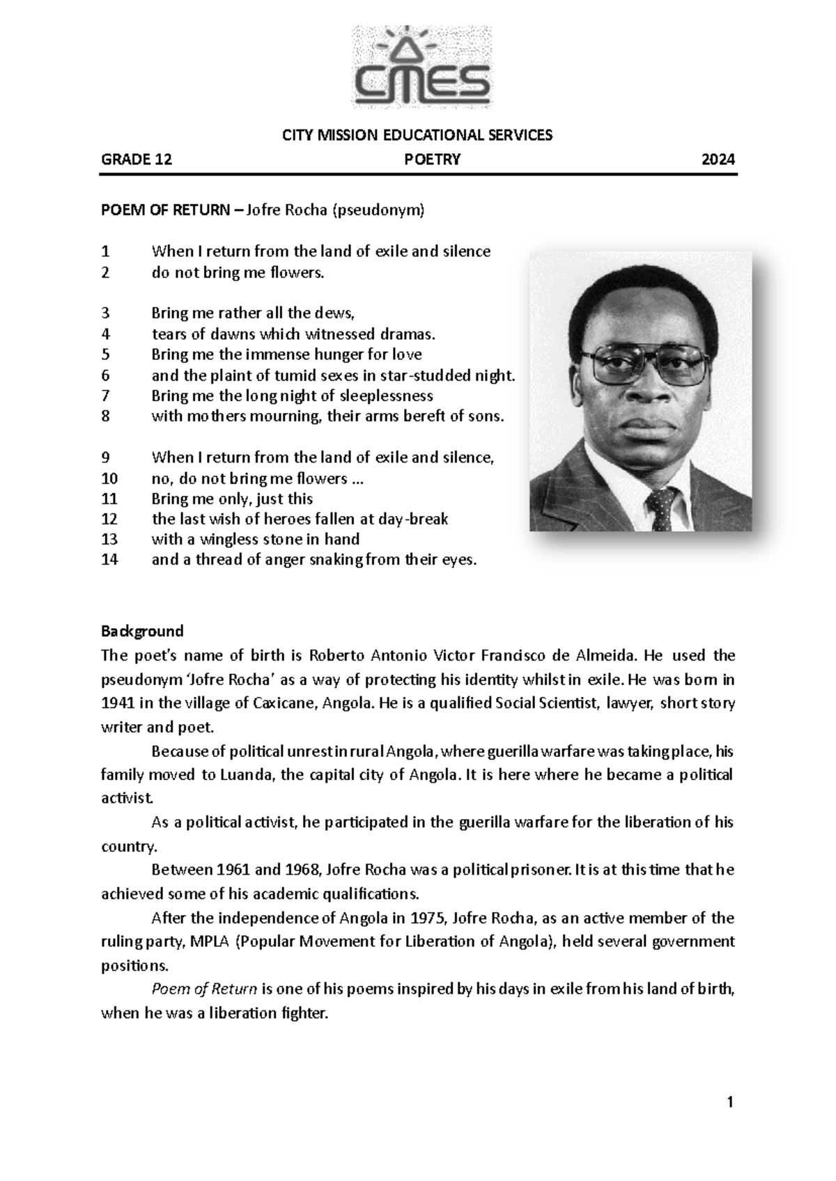 Poem of Return Worksheet - 1 CITY MISSION EDUCATIONAL SERVICES GRADE 12 ...