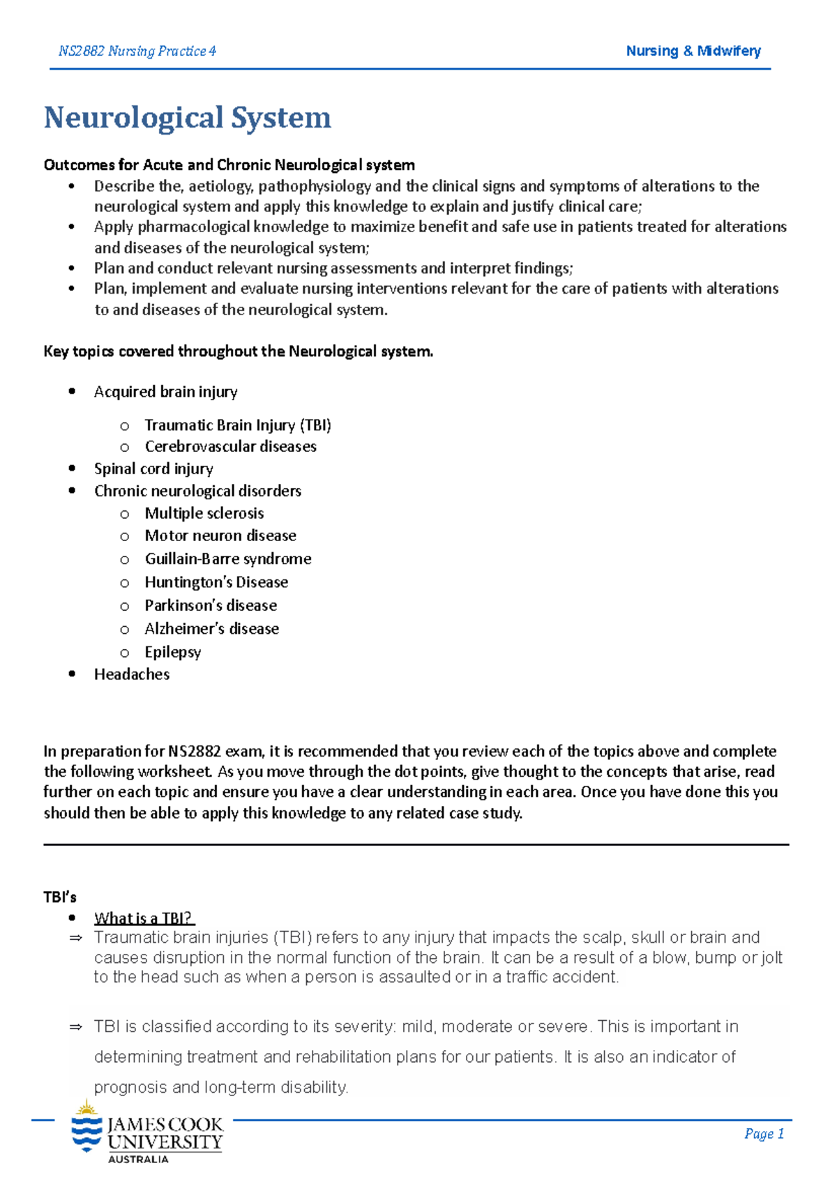 1) NS2882 Neuro Exam Prep Worksheet - Neurological System Outcomes for ...