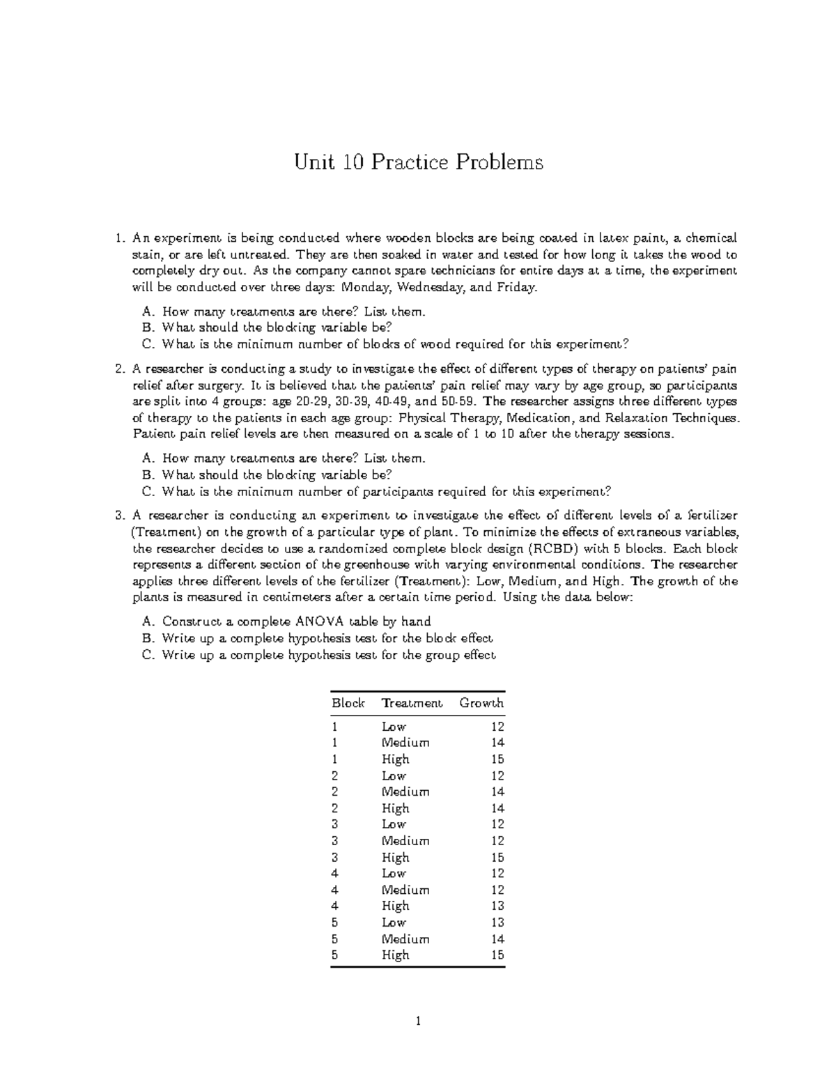 Unit 10 Practice Problems - Unit 10 Practice Problems An experiment is ...