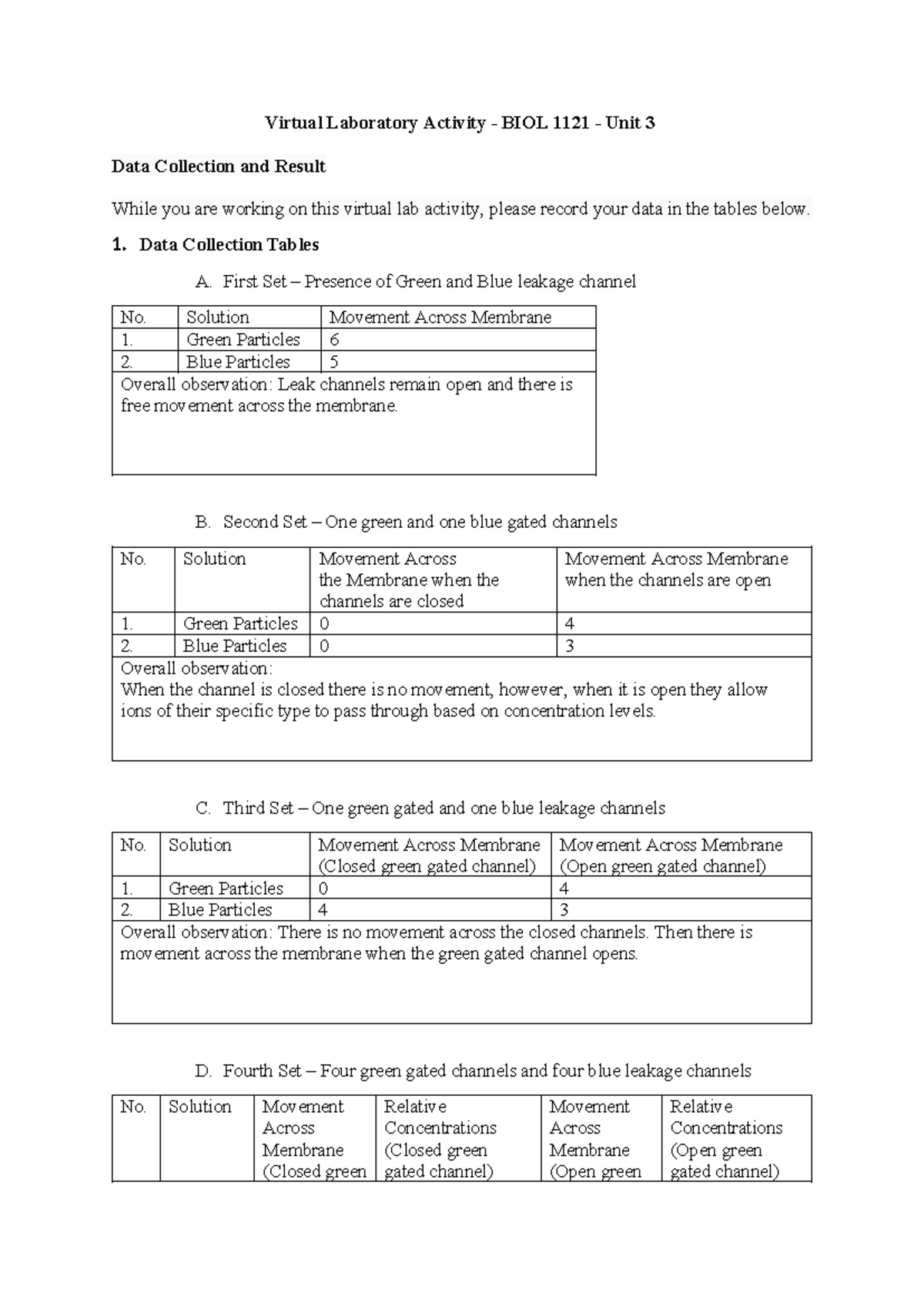 Experiment 2 - Data Collection and Result - Virtual Laboratory Activity - BIOL 1121 - Unit 3 ...