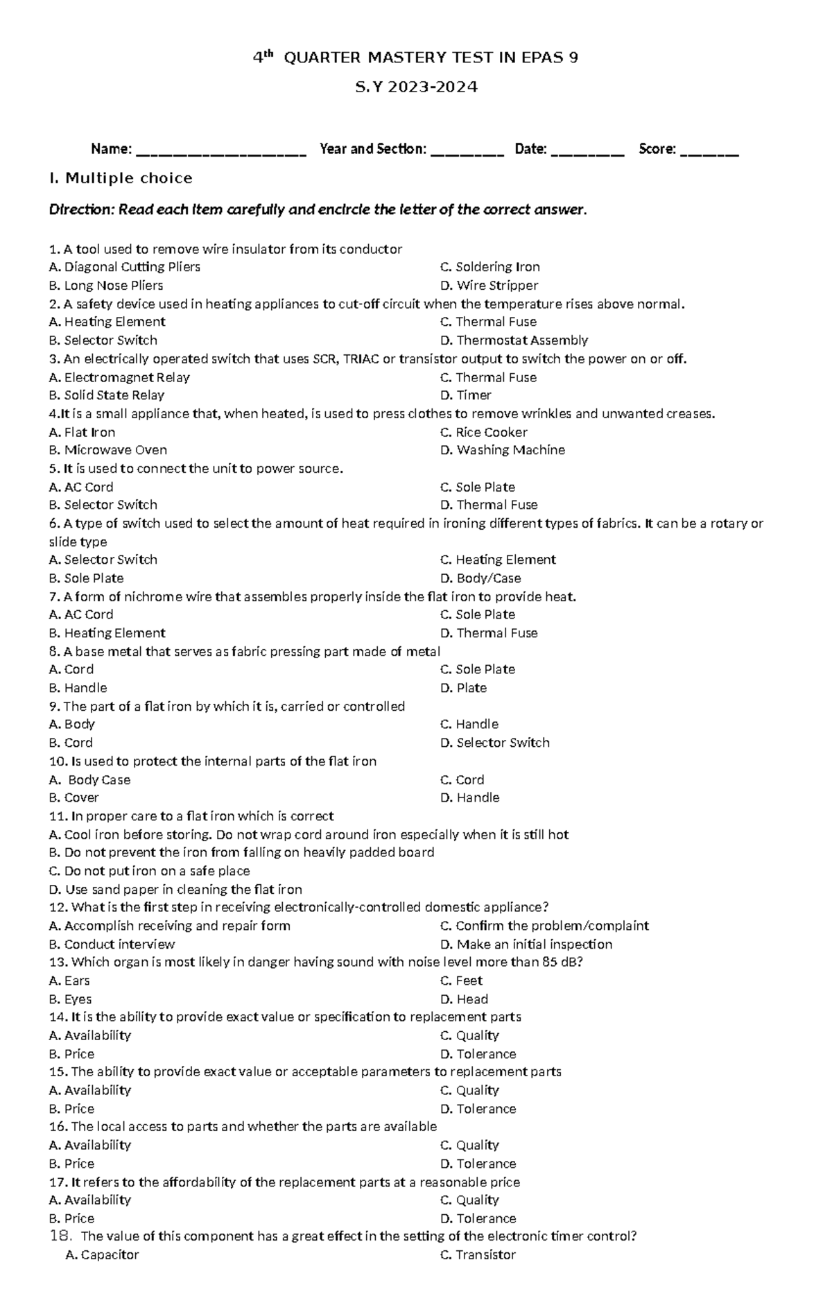 4th Quarter Mastery TEST IN EPAS 9 - 4 th QUARTER MASTERY TEST IN EPAS ...