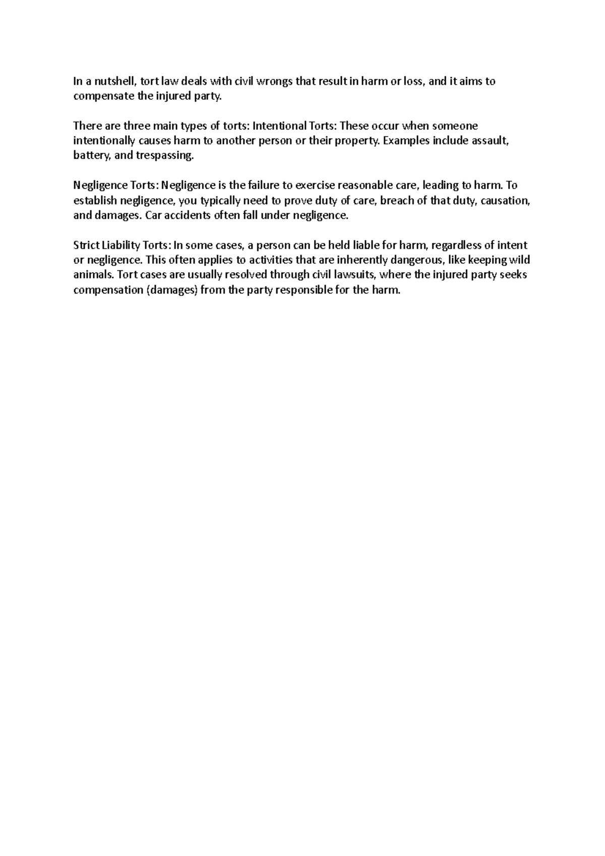 Basics Of Tort Law In A Nutshell Tort Law Deals With Civil Wrongs