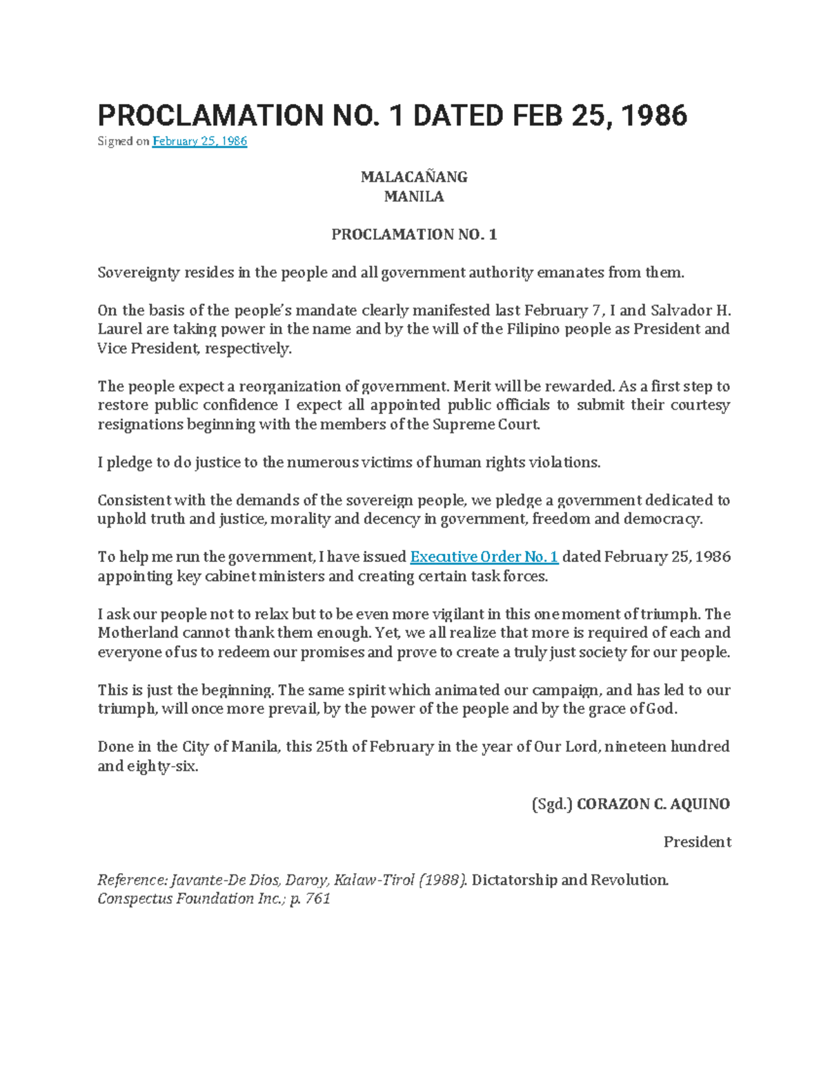 Proclamation NO 1- FEB 25 1986 - PROCLAMATION NO. 1 DATED FEB 25, 1986 ...