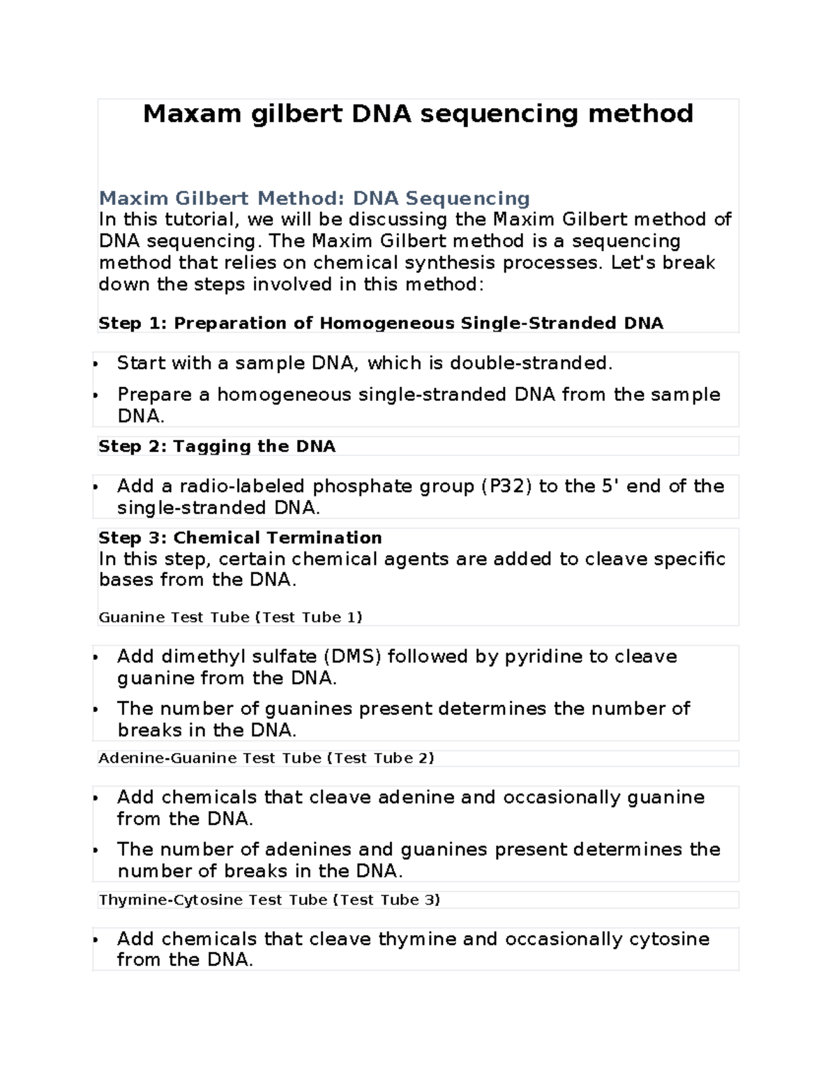 Maxam gilbert DNA sequencing method - The Maxim Gilbert method is a ...