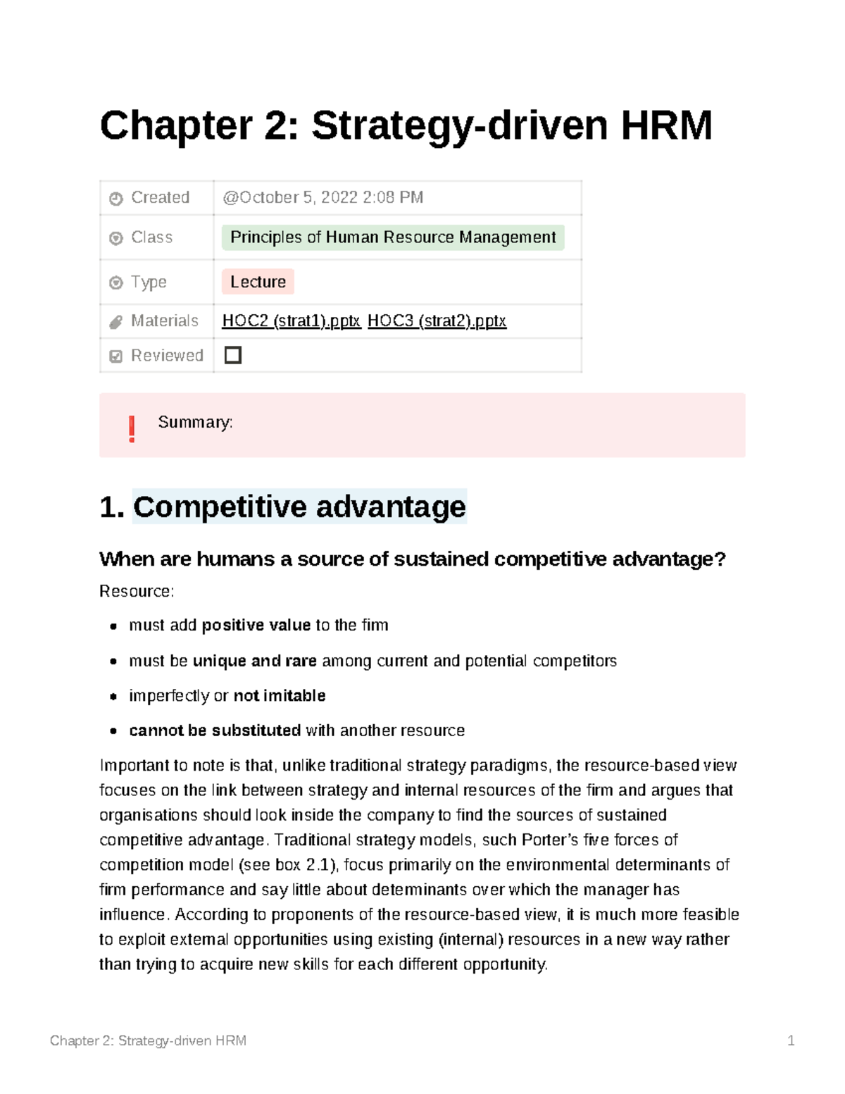 Chapter 2 Strategy-driven HRM - pptx HOC3 (strat2).pptx Reviewed Summary: 1. Competitive ...