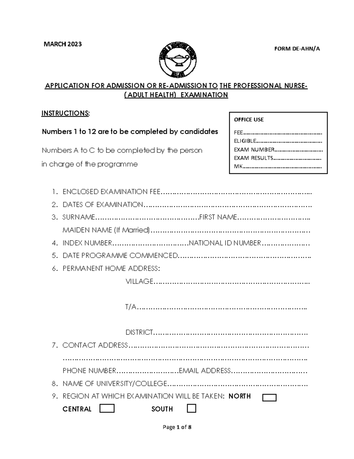 Licensure Examinations Application Forms FOR Adult Health Nursing ADH ...