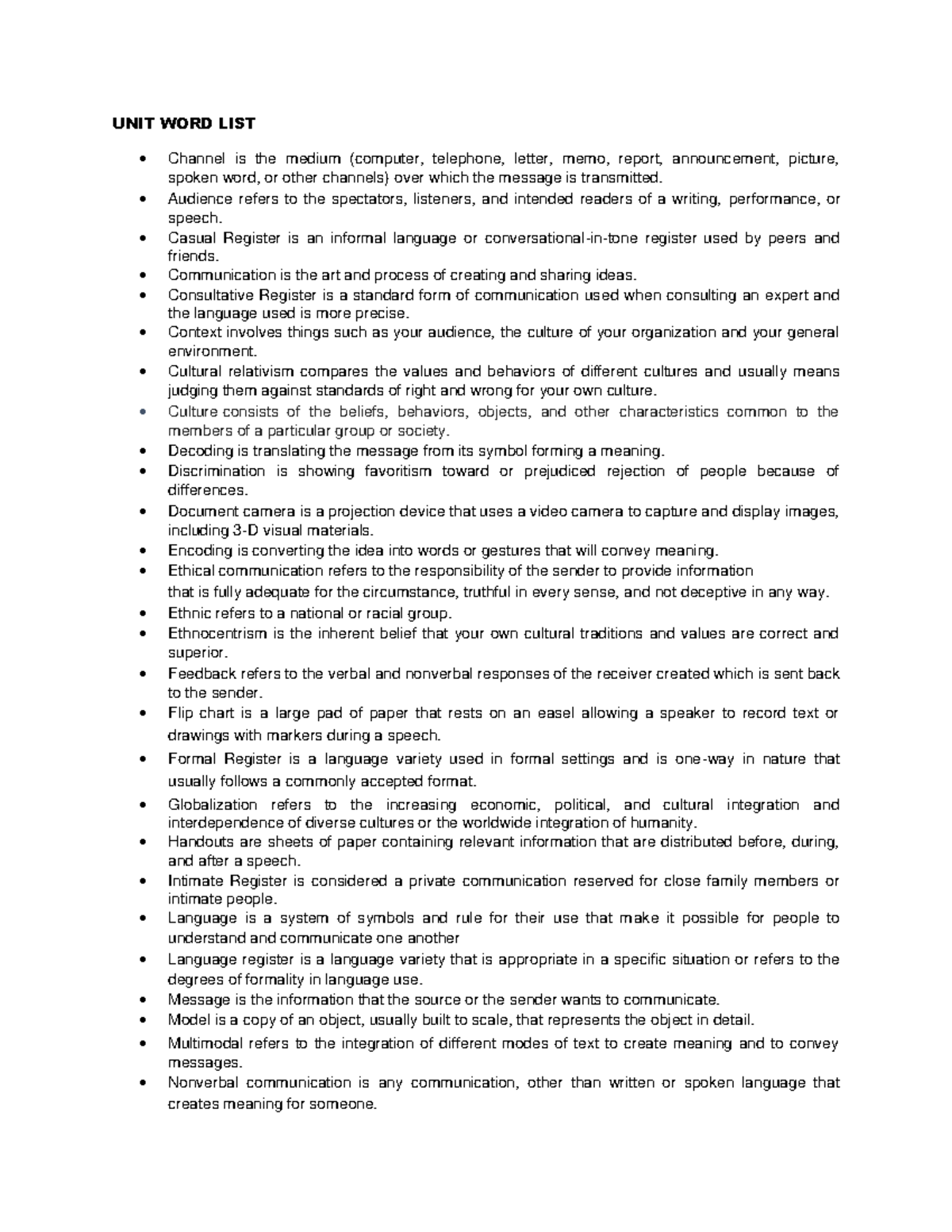 UNIT WORD LIST - Easy midterms - UNIT WORD LIST Channel is the medium ...