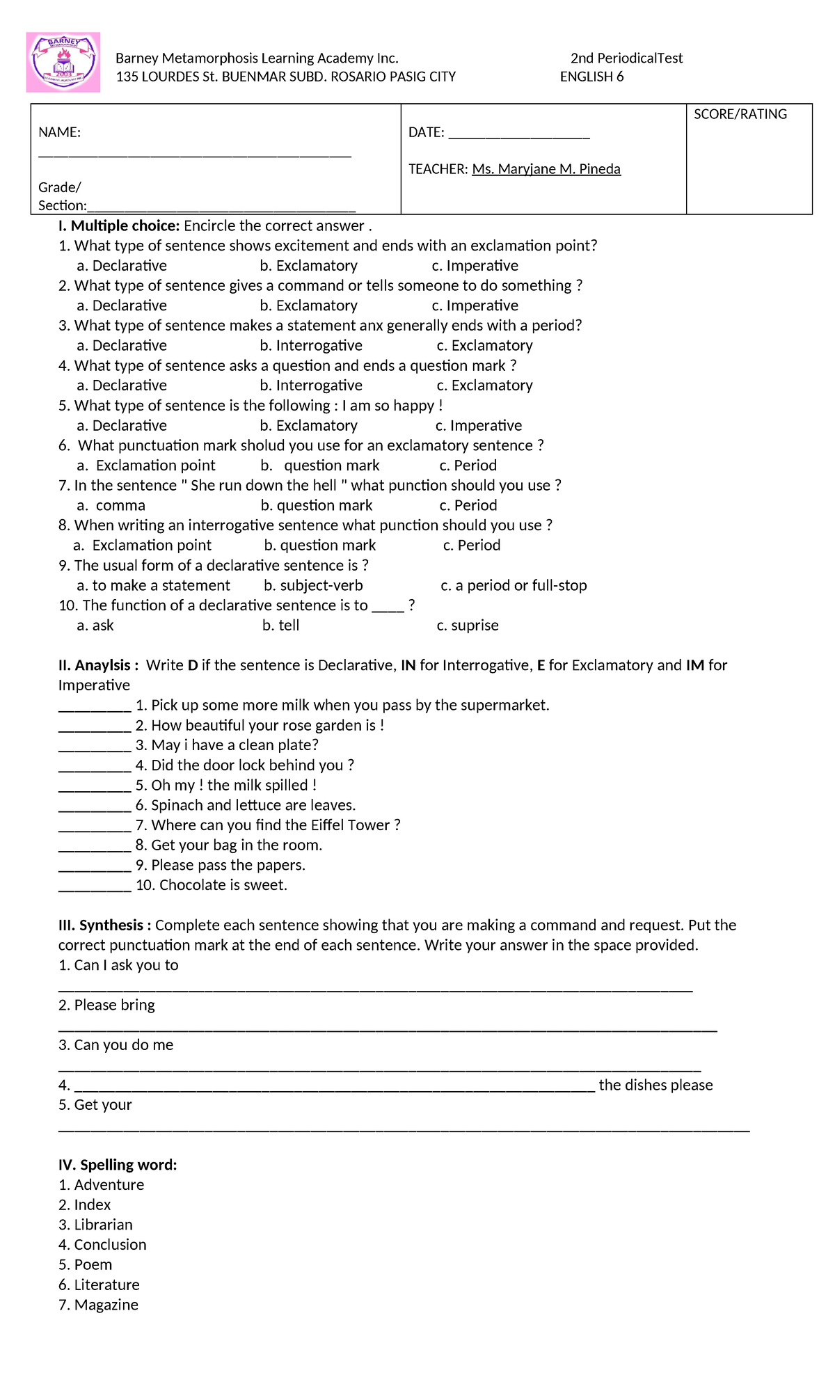 3rd Monthly test in English 6 - Barney Metamorphosis Learning Academy ...