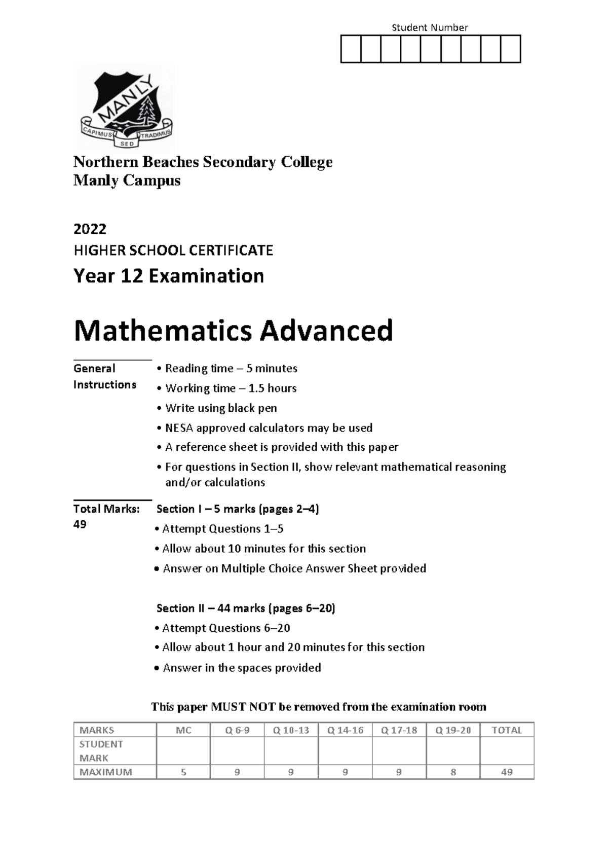 2022 Year 12 Mathematics Advanced Half Yearly + solutions - Student ...