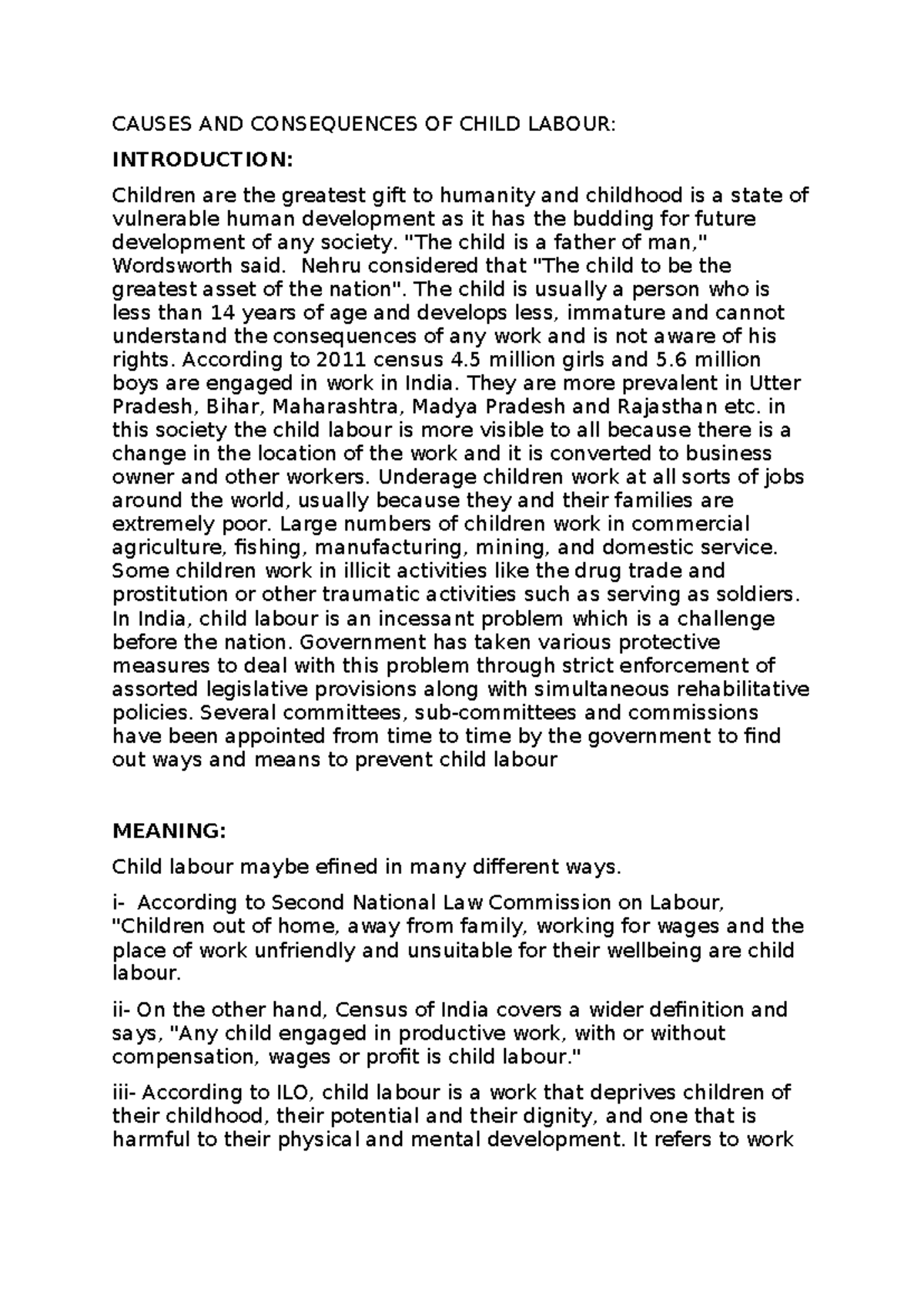 Q 7 Causes AND Consequences OF Child Labour - CAUSES AND CONSEQUENCES ...