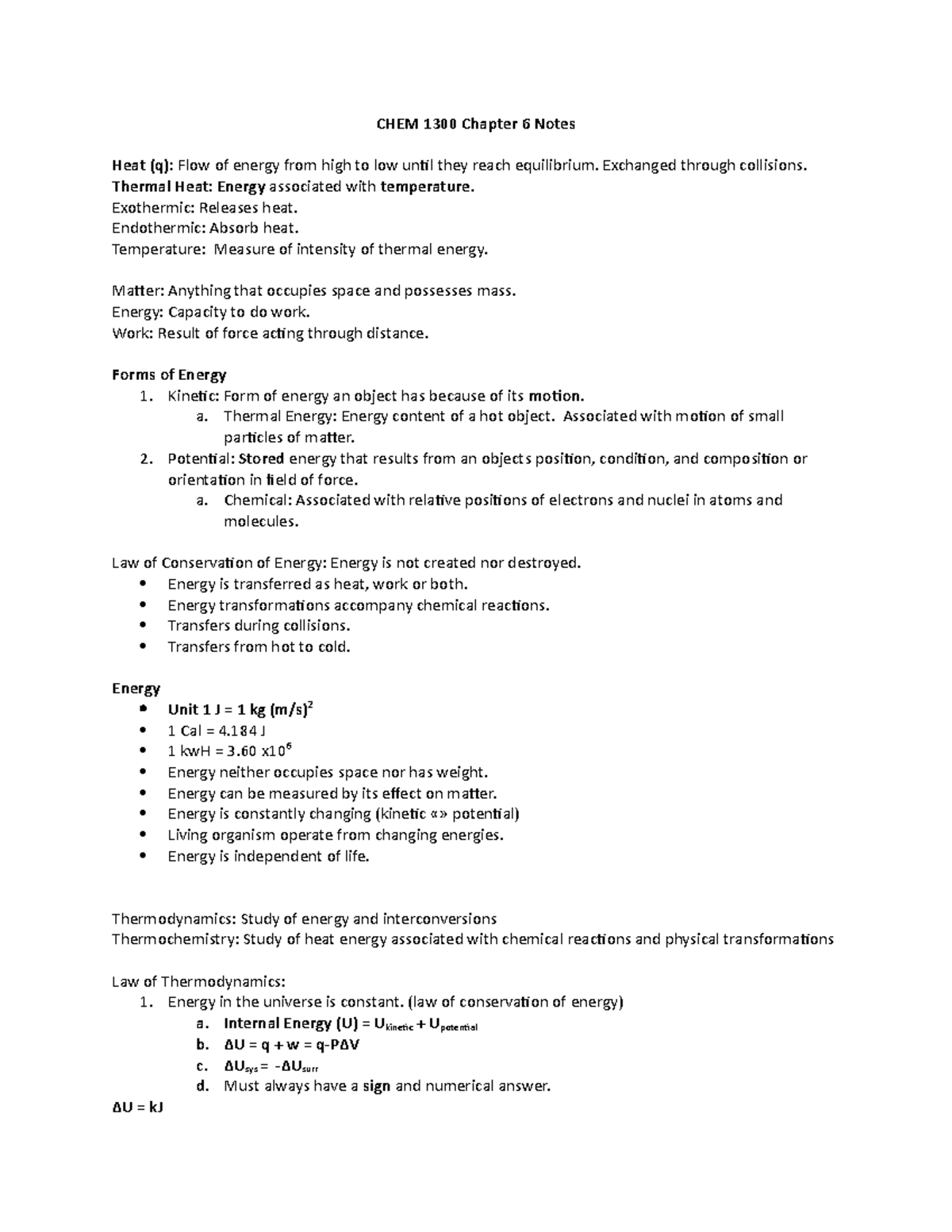 6-CHEM 1300 Notes - CHEM 1300 Chapter 6 Notes Heat (q) Thermal Heat ...