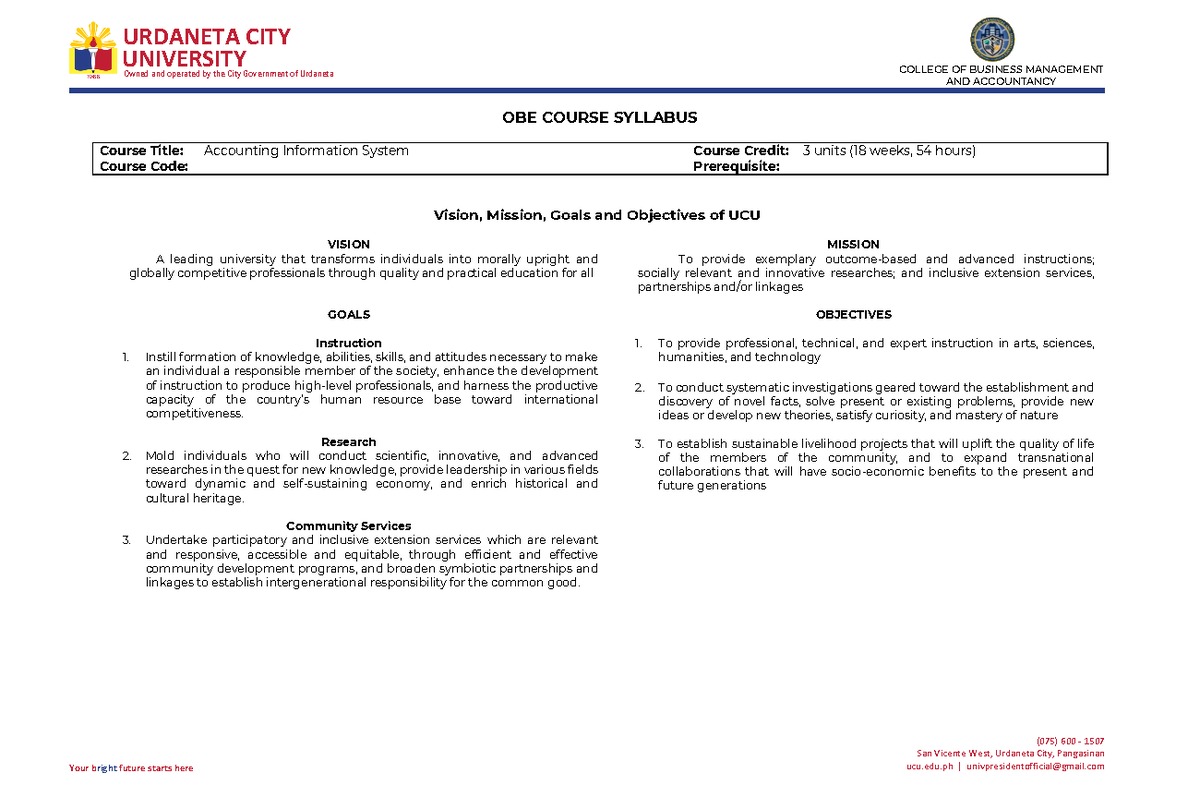 AIS-OBTL- Syllabus - UNIVERSITY Owned and operated by the City ...