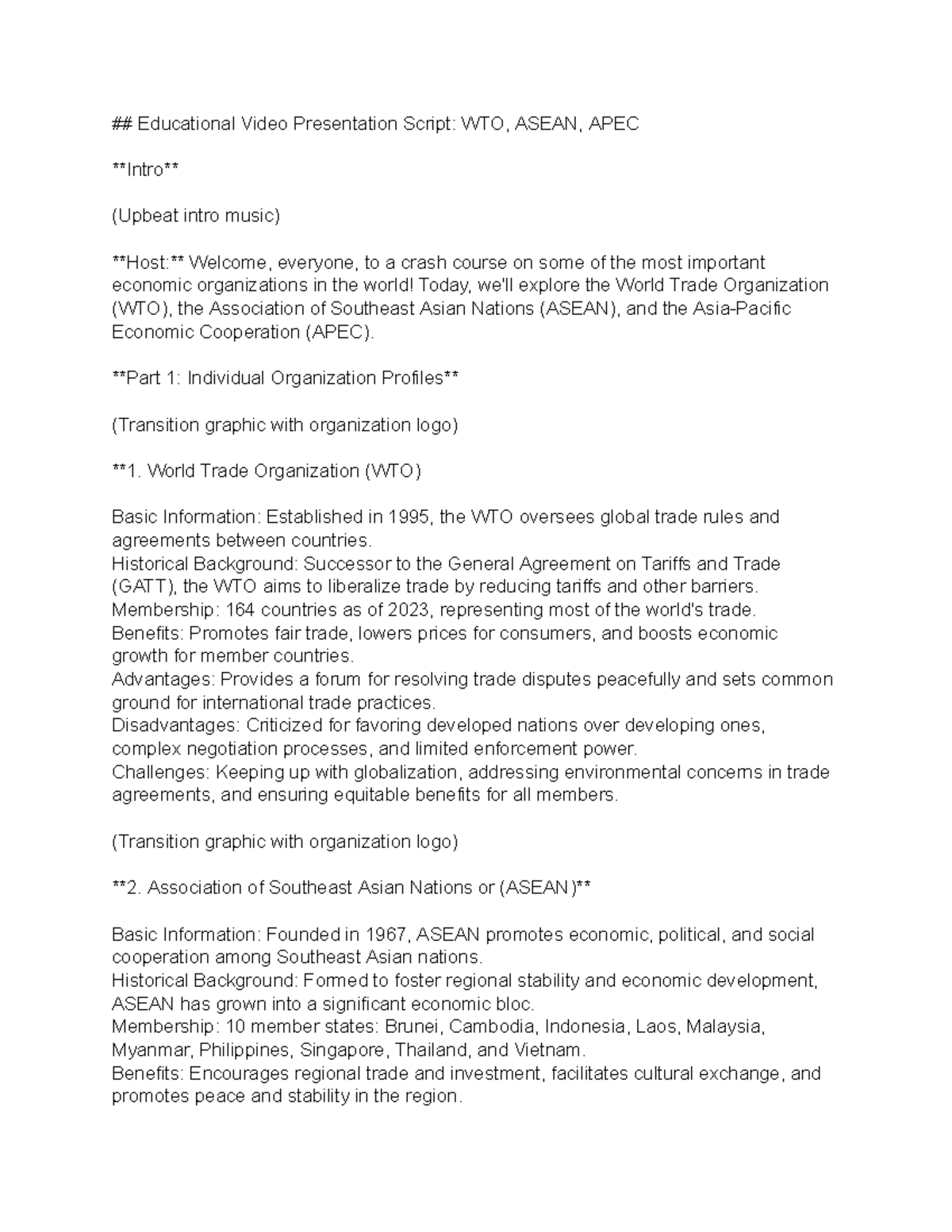 Educational Video Presentation Script- WTO, Asean, APEC - Educational Video Presentation Script ...