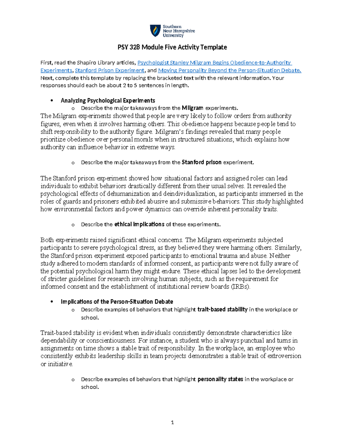 PSY 328 Module Five Activity Final - Next, complete this template by replacing the bracketed ...