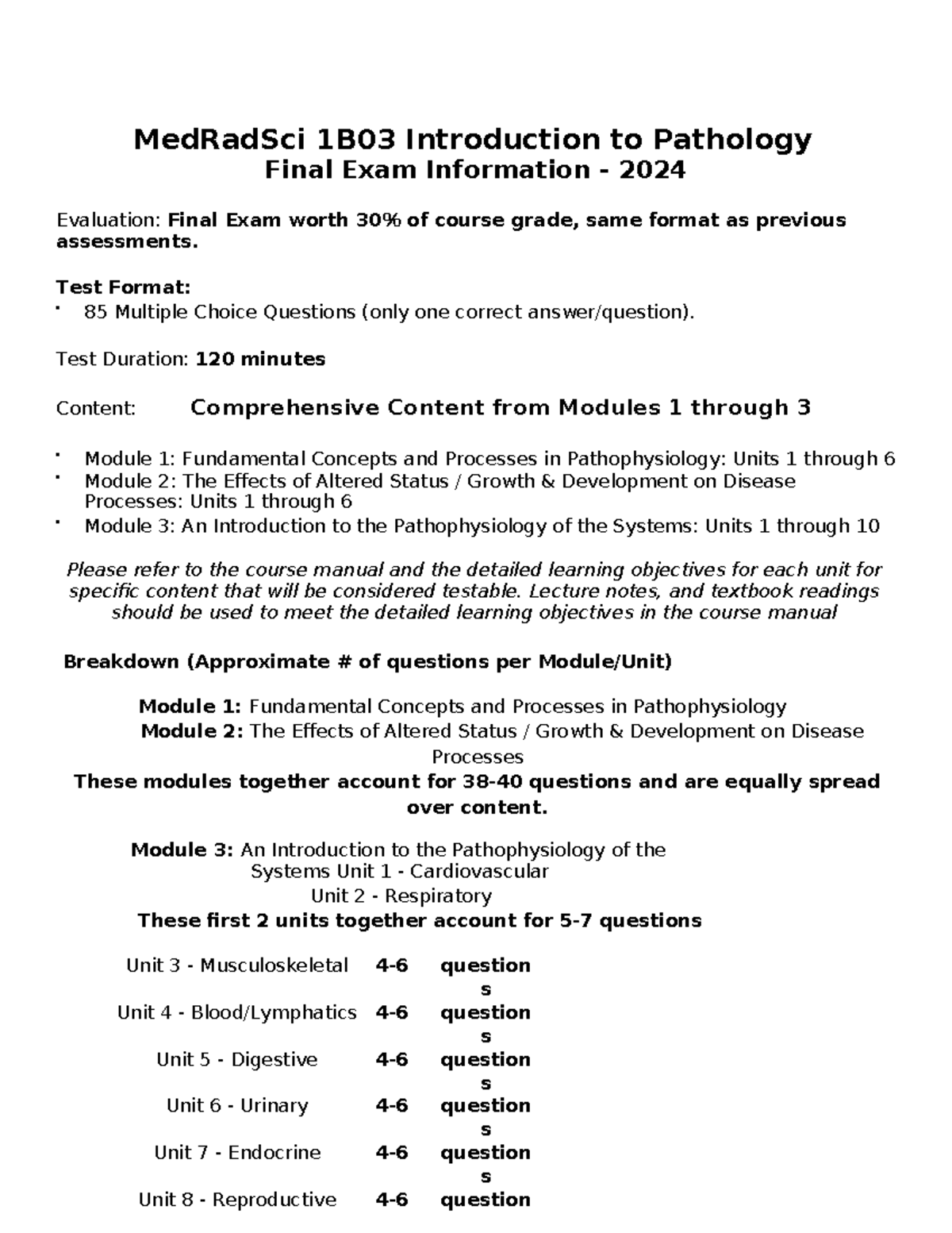 Medradsc 1B03 - Final Exam Outline - 2024 - MedRadSci 1B03 Introduction ...