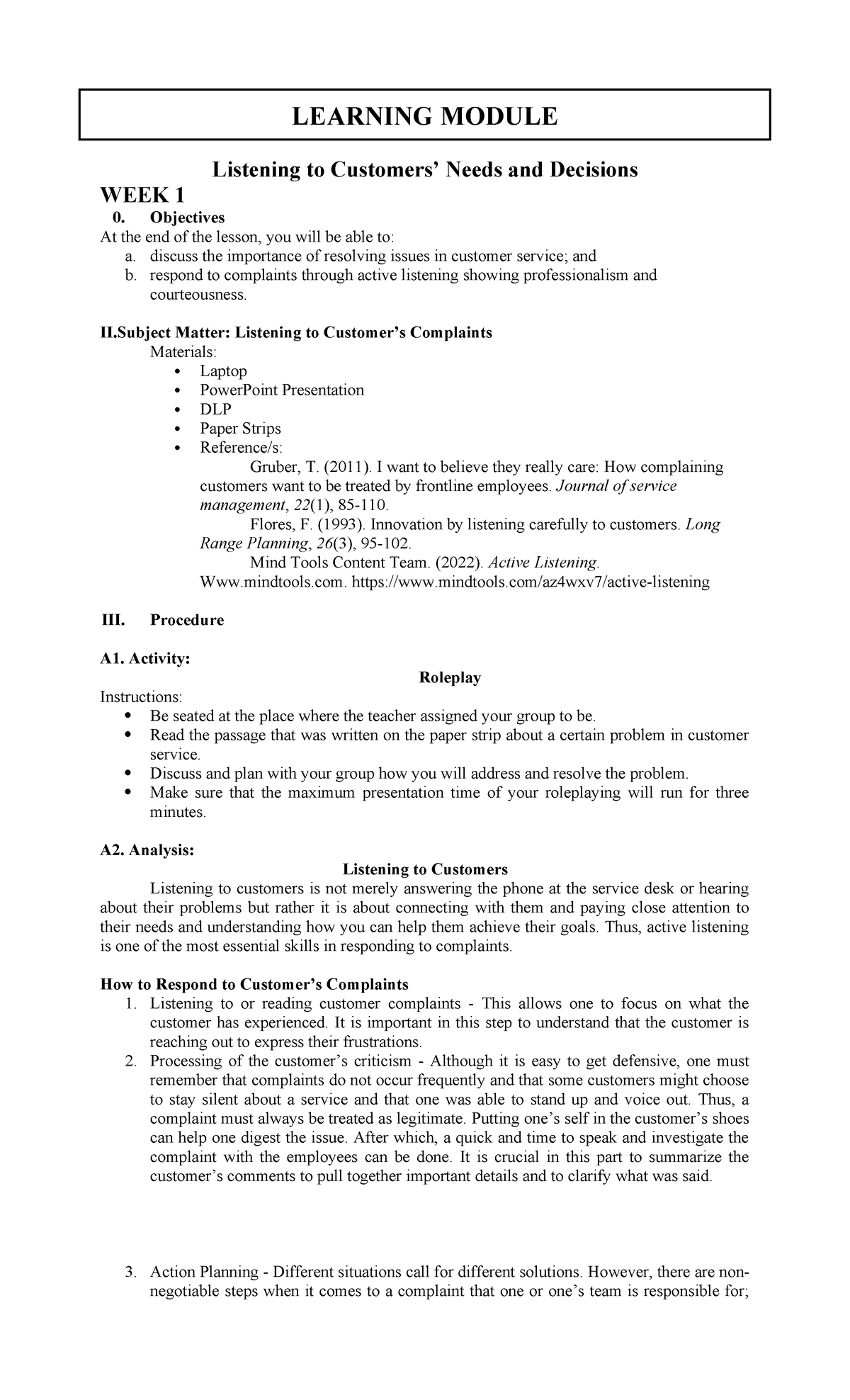 Learning Module - LEARNING MODULE Listening to Customers’ Needs and ...