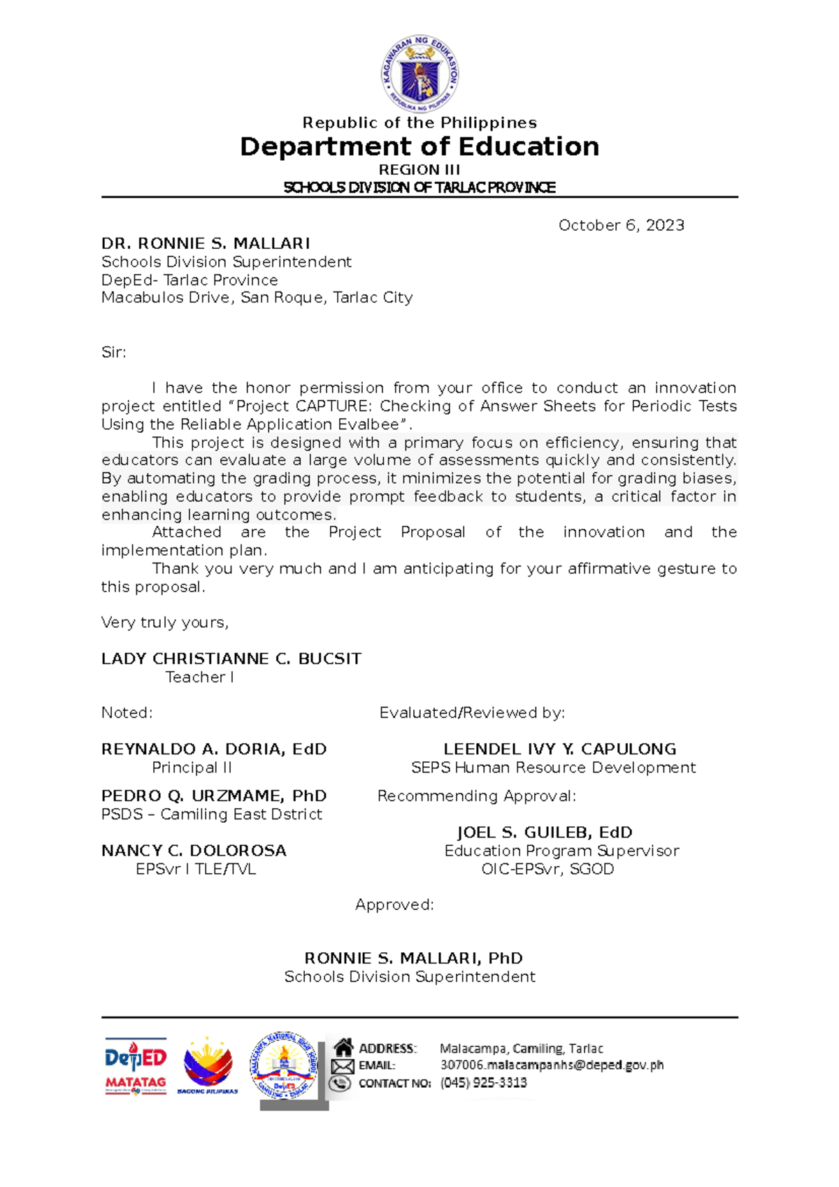 Permission letter - NOTES - Republic of the Philippines Department of ...