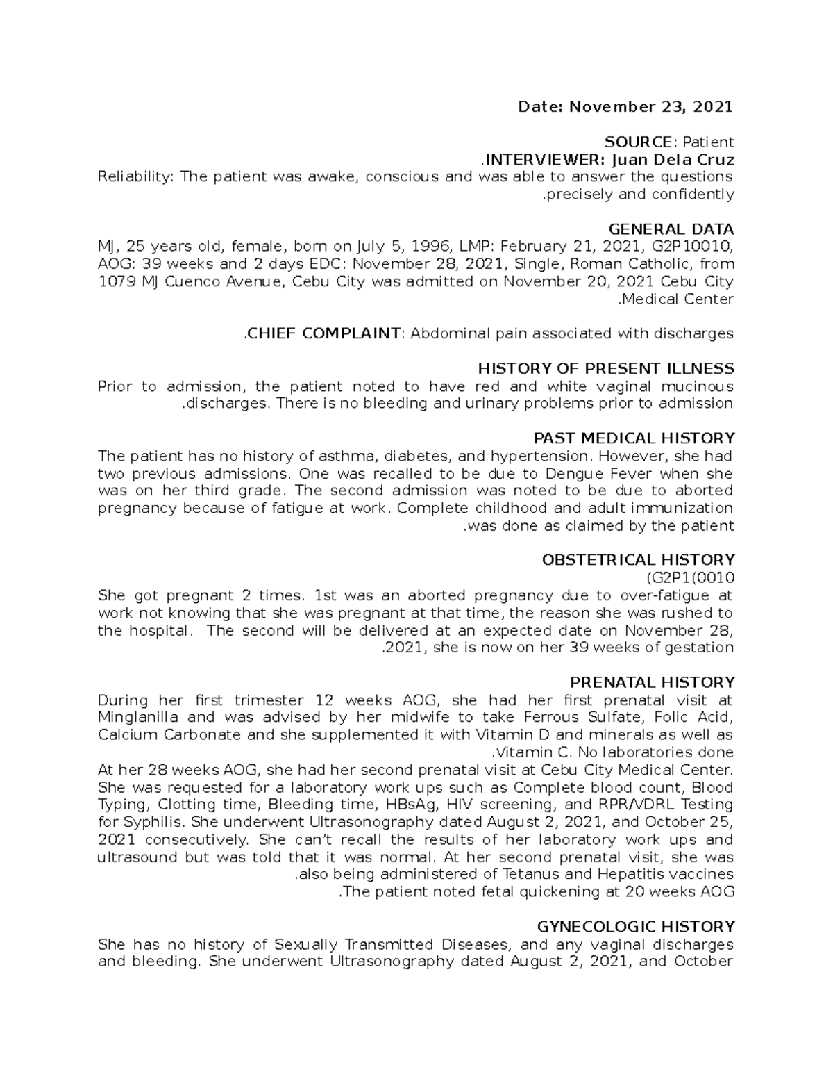 Sample History Taking of Pregnant Woman - Date: November 23, 2021 ...