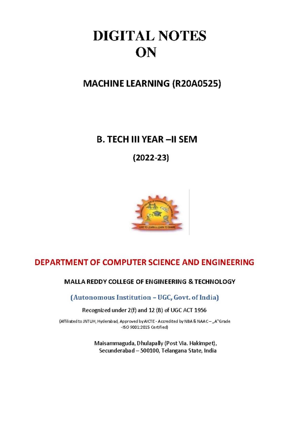 Machine Learning(R20A0525) - DIGITAL NOTES ON MACHINE LEARNING ...