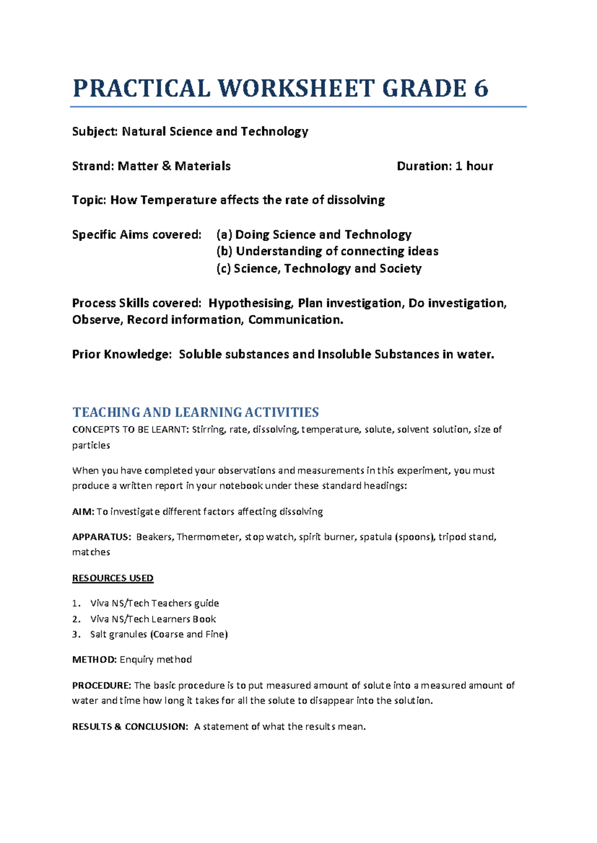 NS&TECH Grade 6 Matter & Materials (RATE OF Dissolving)Matter and ...